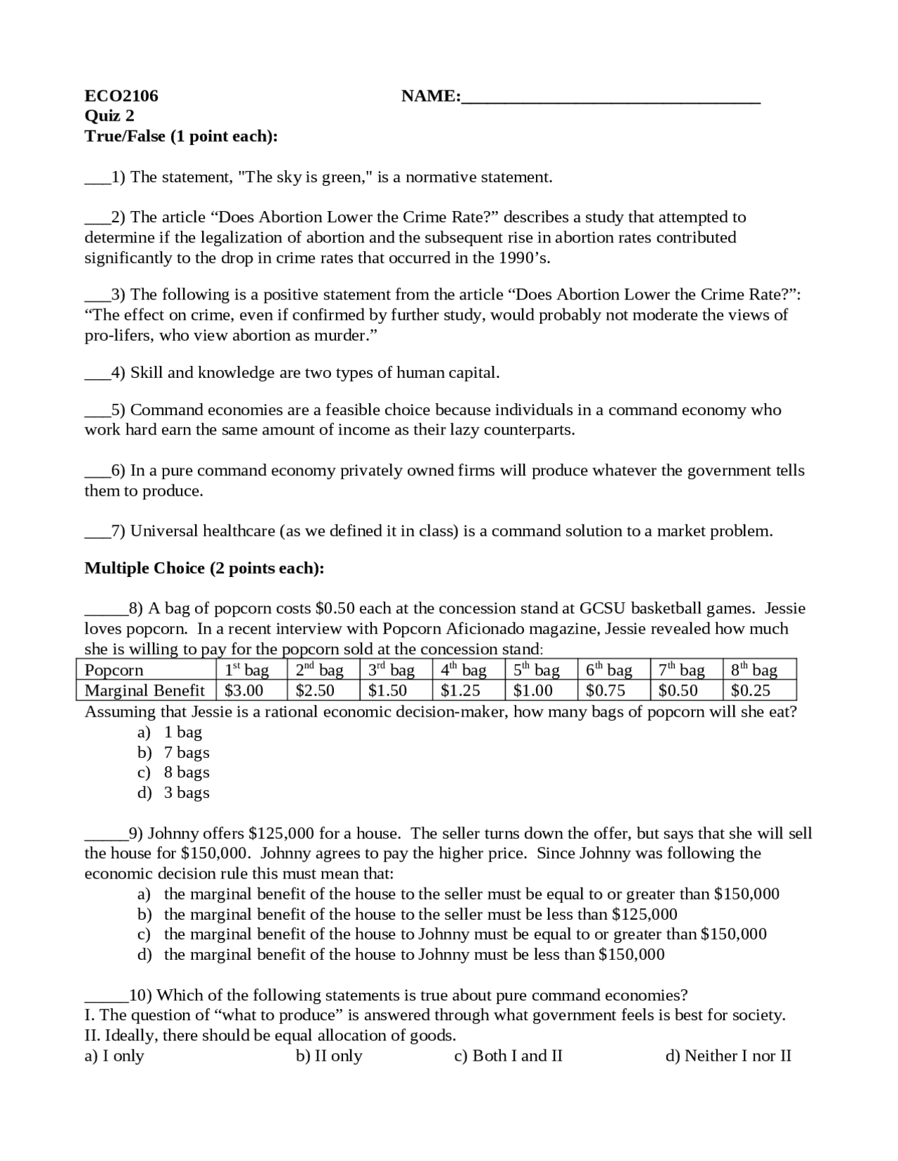 Honors Principles Of Microeconomics Sample Quiz 2 Econ 2106 Docsity