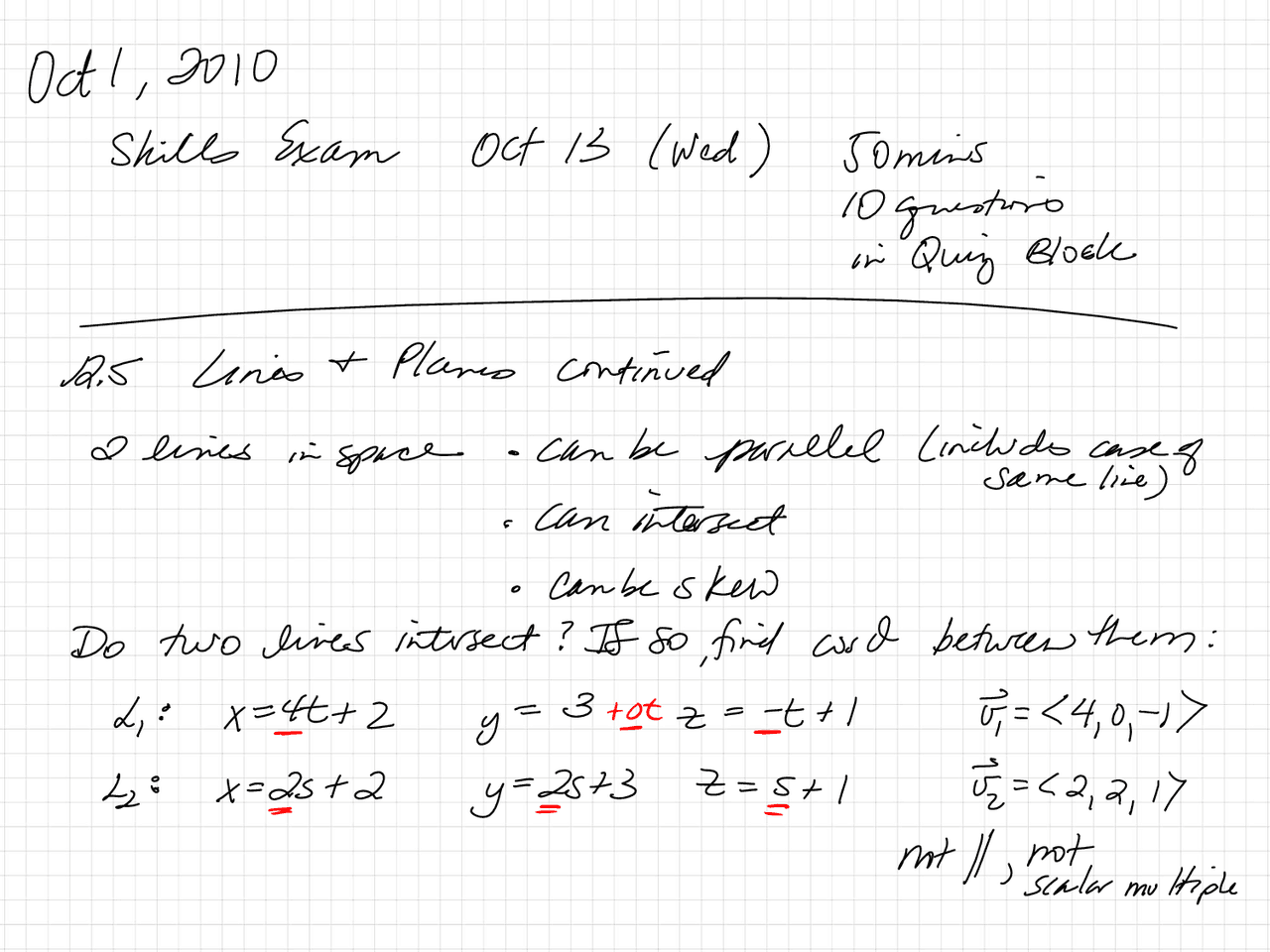 Lines And Planes Calculus Ii Lecture Handout Math 1020 Docsity