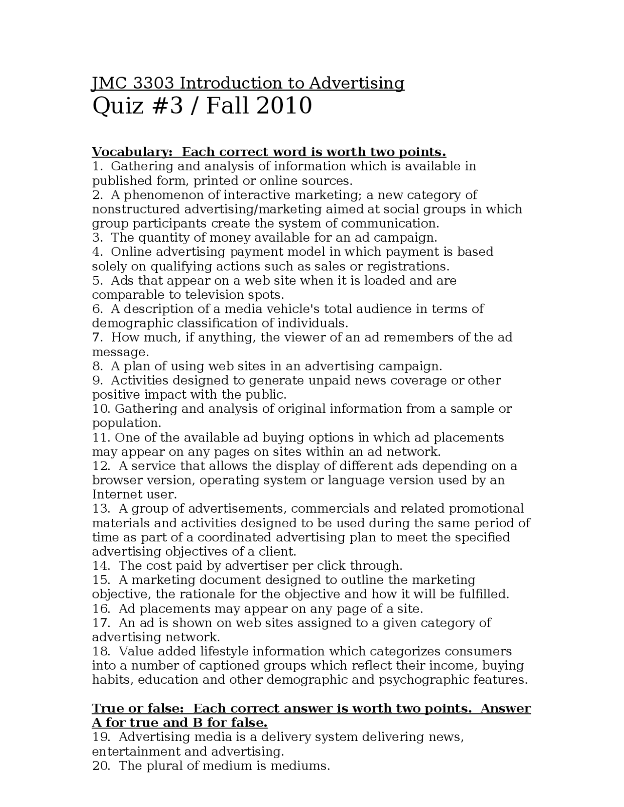 Introduction to Advertising - Quiz 3 | JMC 3303 | Quizzes Communication ...