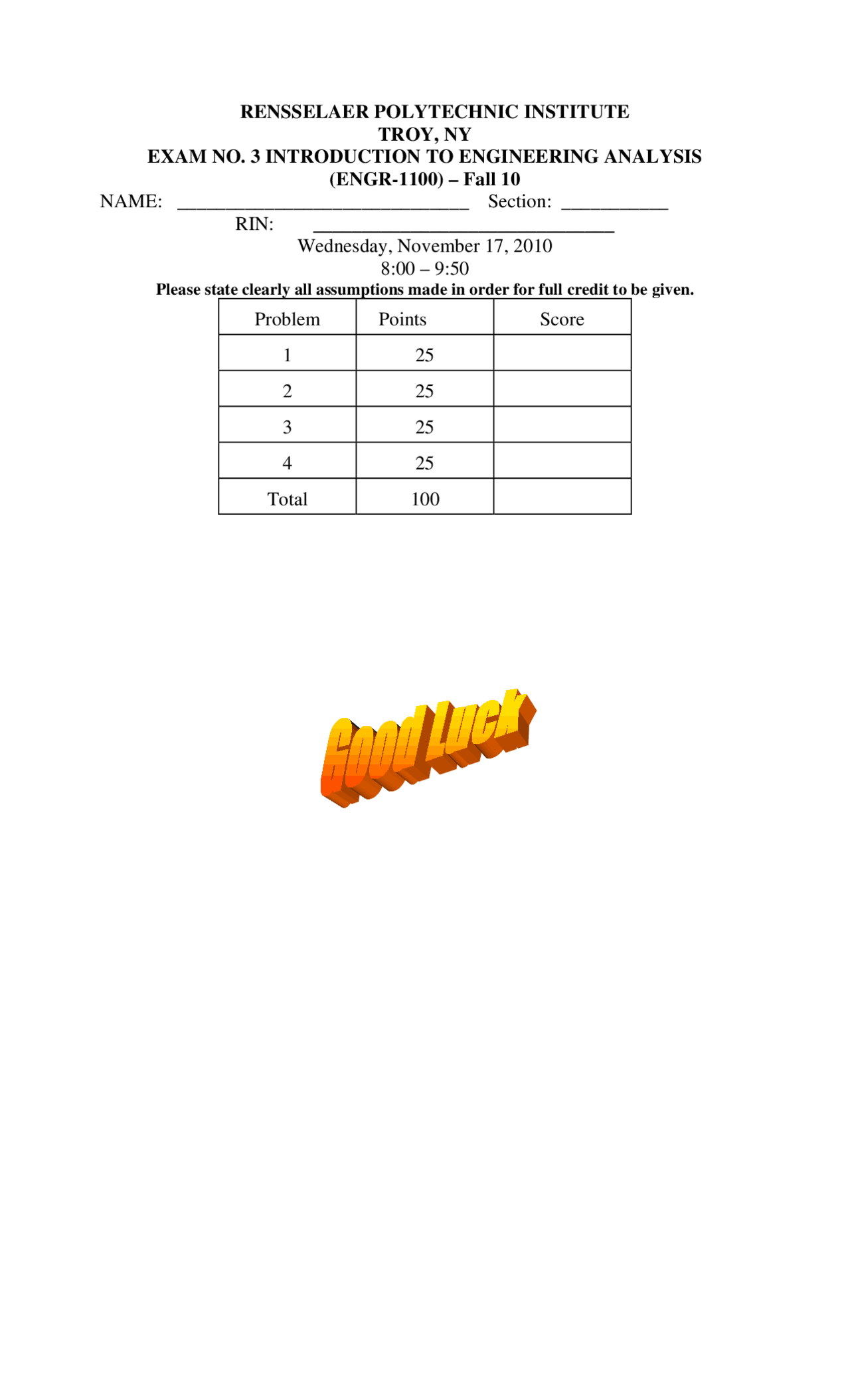 Introduction To Engineering Analysis Exam 3 Engr 1100 Docsity