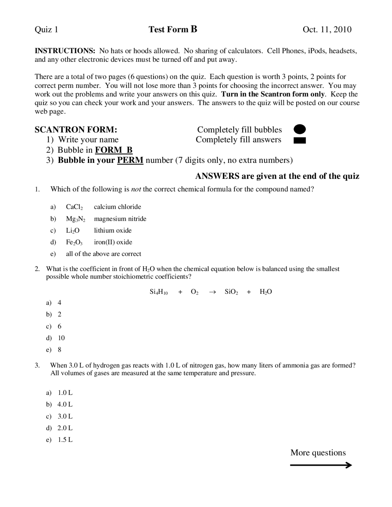 6 Multiple Choice Questions With Key Of General Chemistry Quiz 1