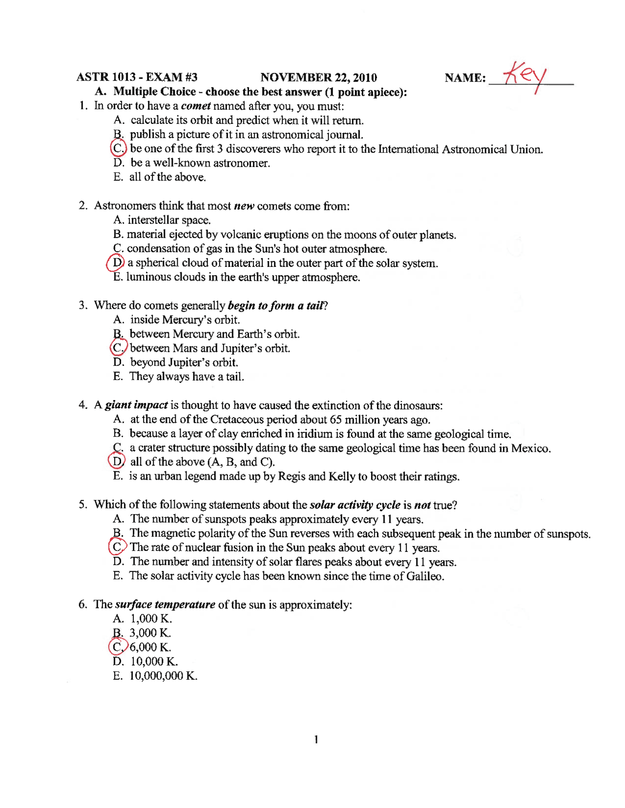 Exam 3 With Solutions Introduction To Astronomy Fall 2010 Ast