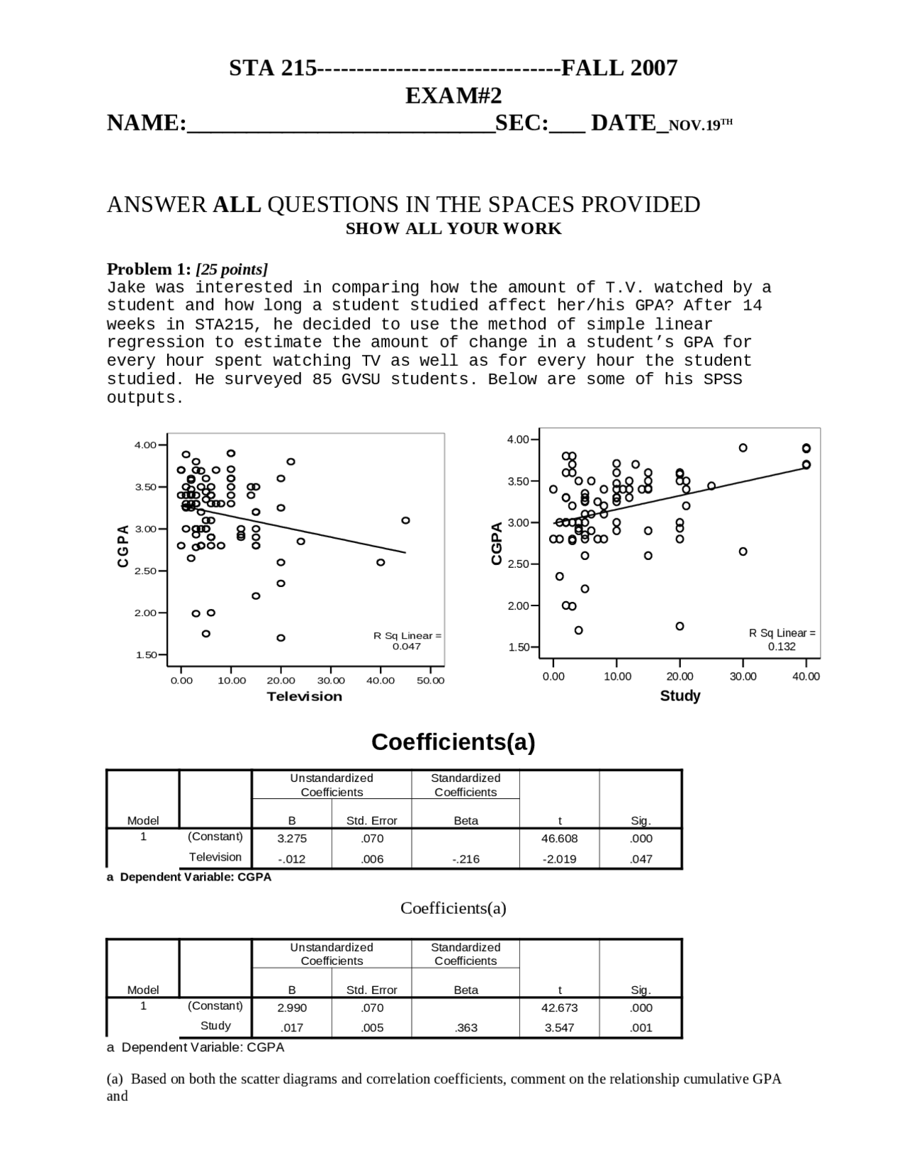 2 Problems On Unstandardized And Standardized Coefficients Sta 215