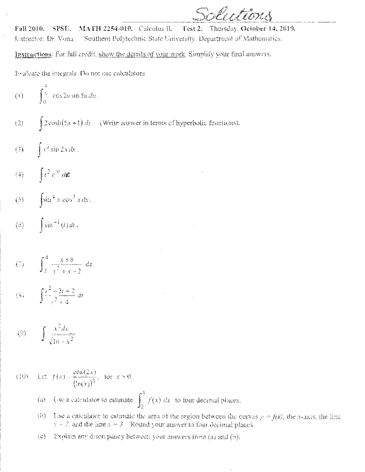 10 Solved Questions On Calculus Ll Examination 2 Math 2254 Docsity