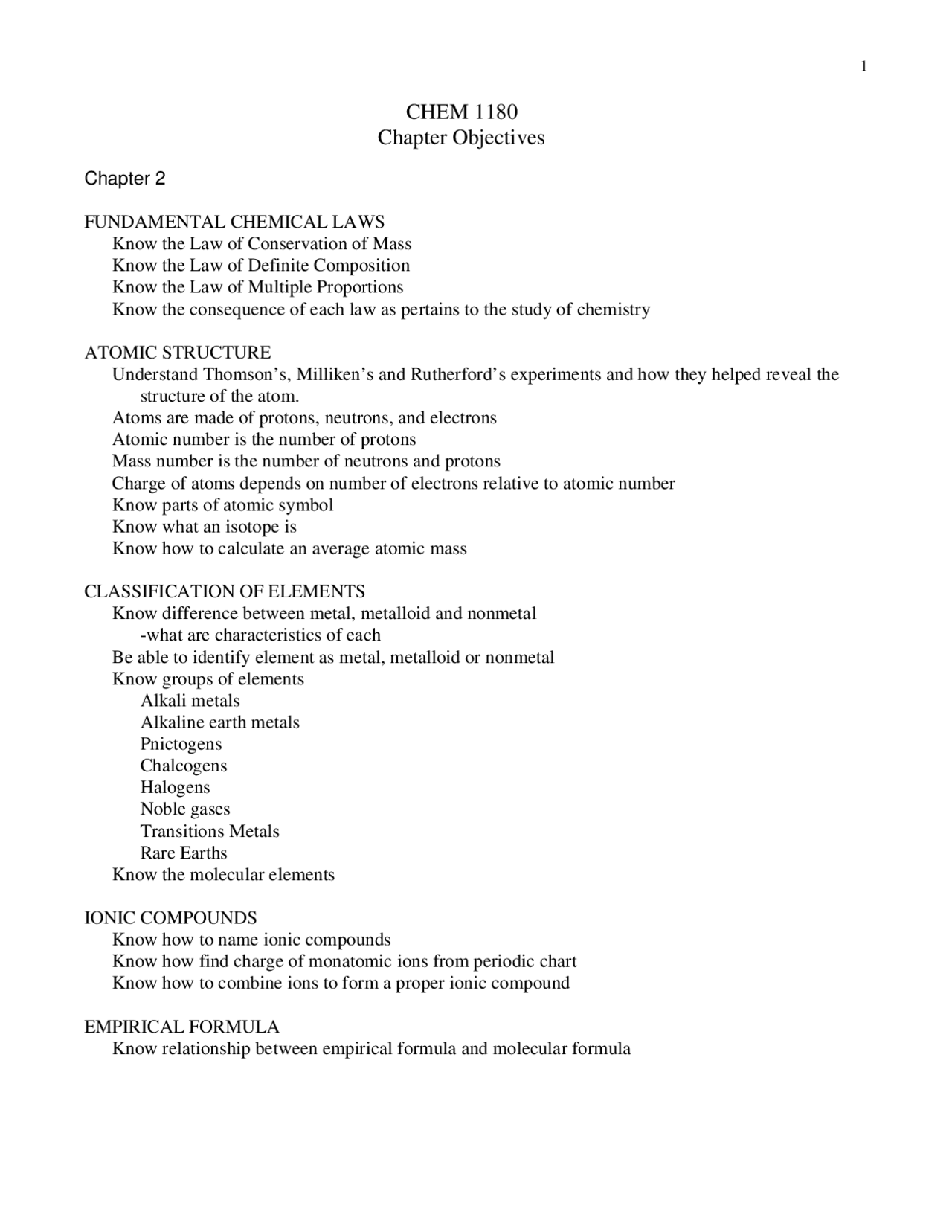 Objectives of General Chemistry I - Study Guide | CHEM 1180 - Docsity