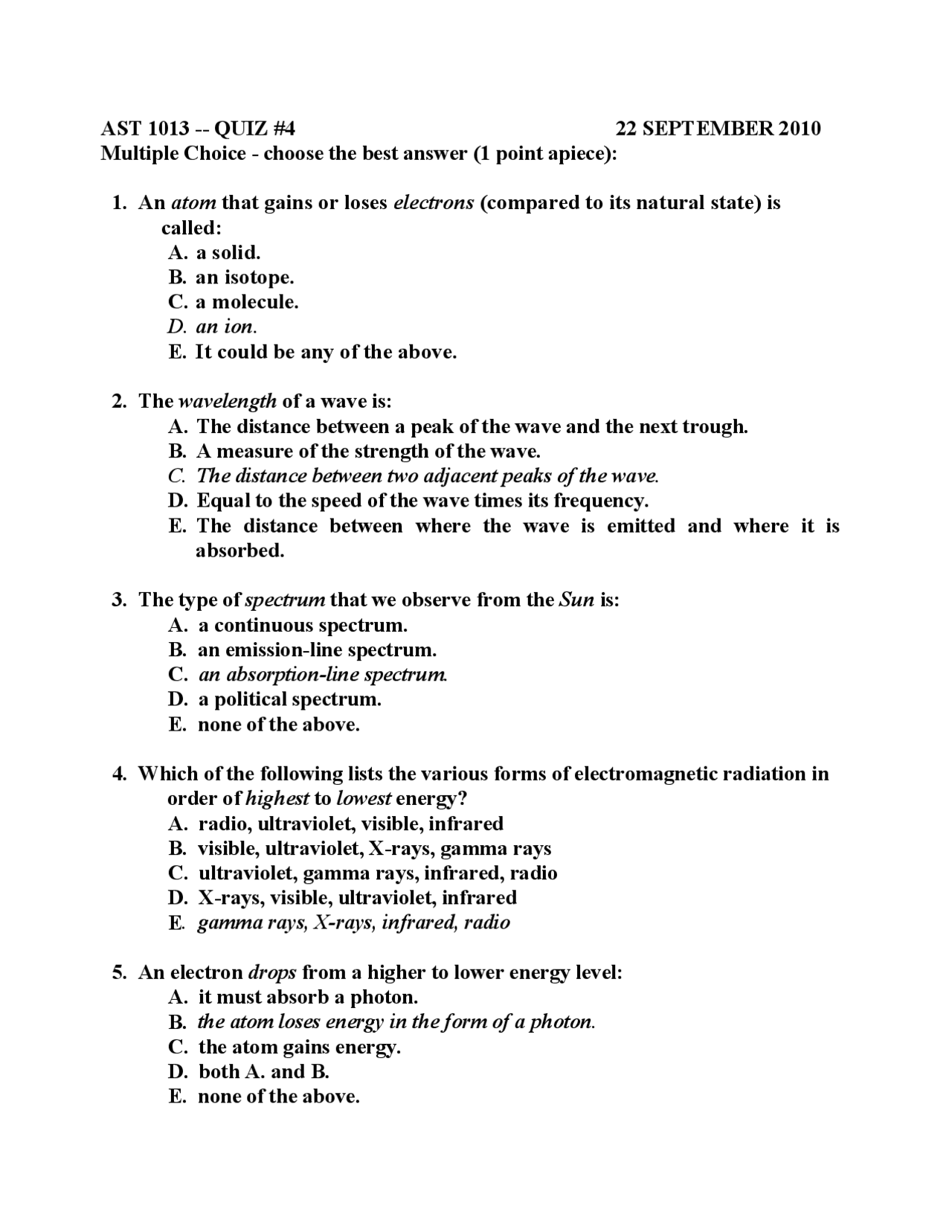 Introduction To Astronomy Quiz 4 Questions Ast 1013 Docsity