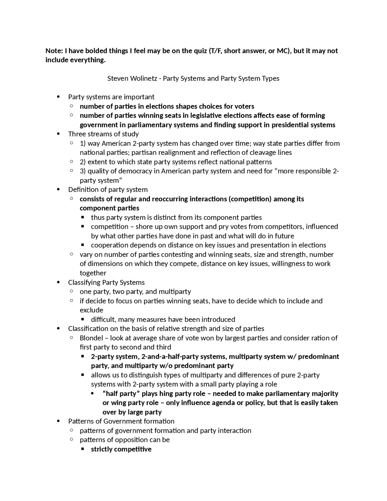 Steven Wolinetz-Party Systems and Party System Types | POL SCI 2 - Docsity