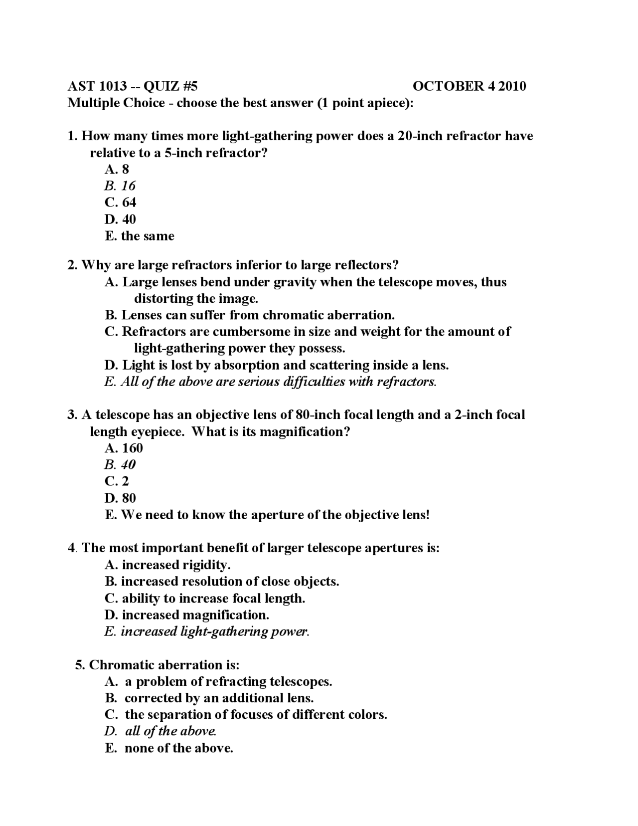 Introduction To Astronomy Quiz 5 Questions Ast 1013 Docsity