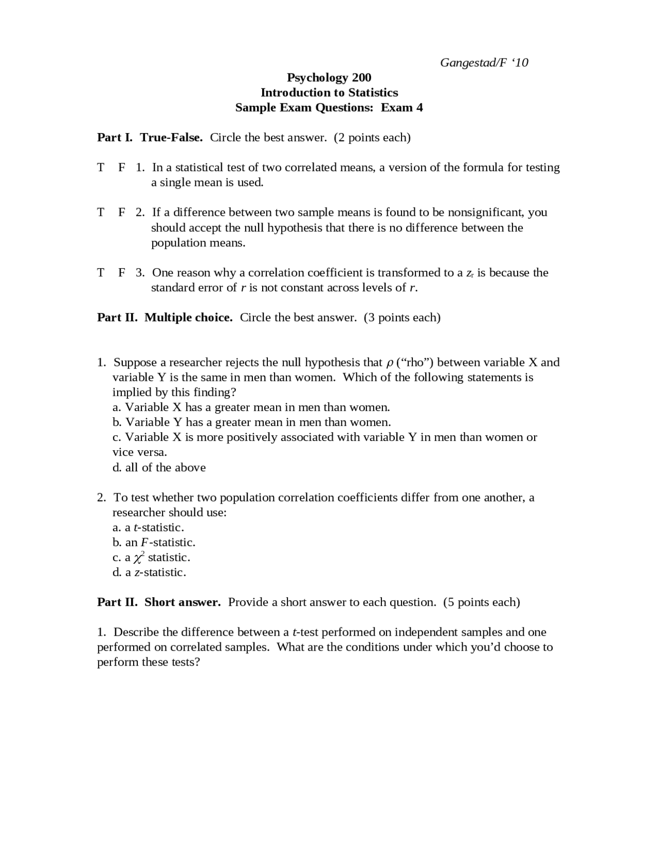 Sample Exam 4 Statistical Principles Psy 200 Docsity