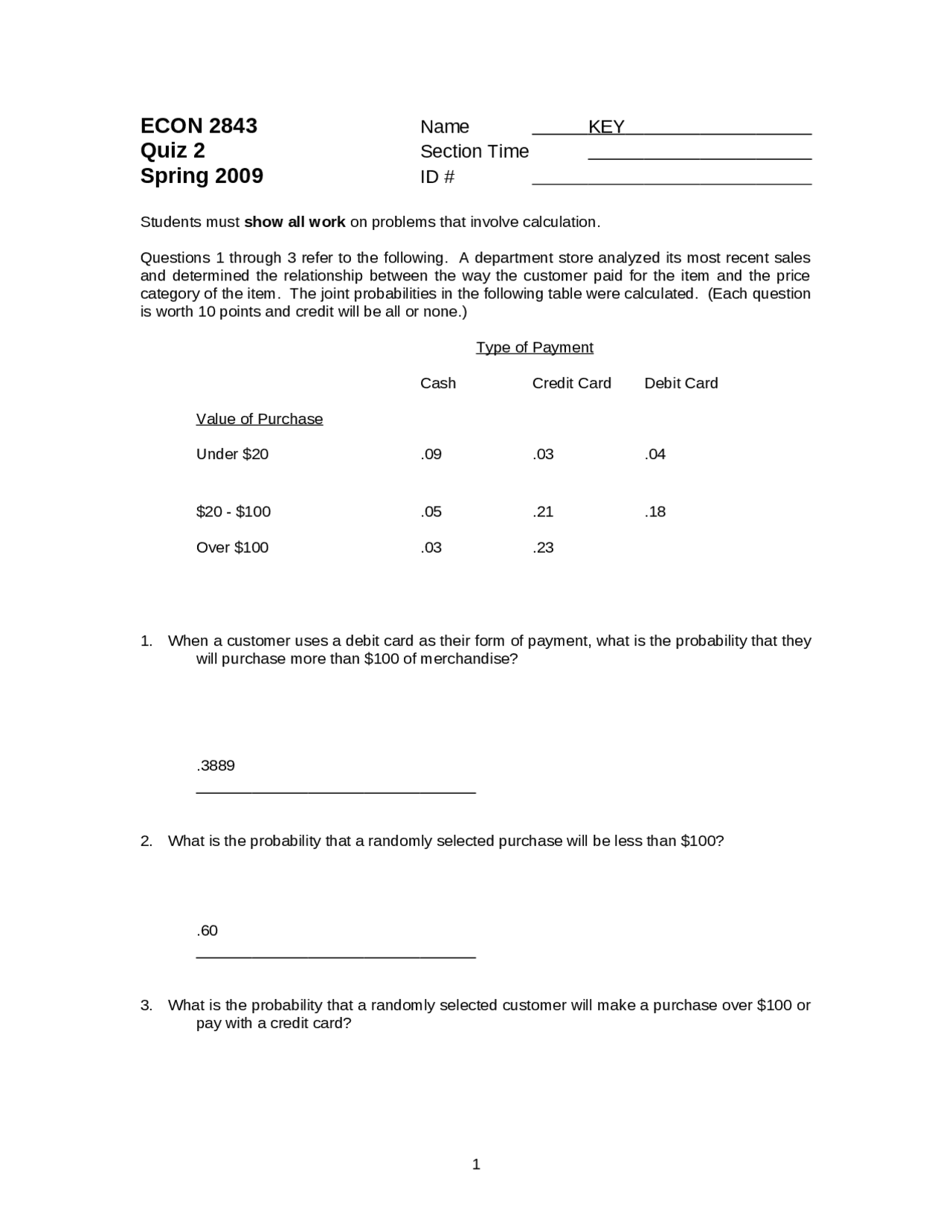 Quiz 2 With Answer Key Elements Of Statistics Econ 2843 Docsity