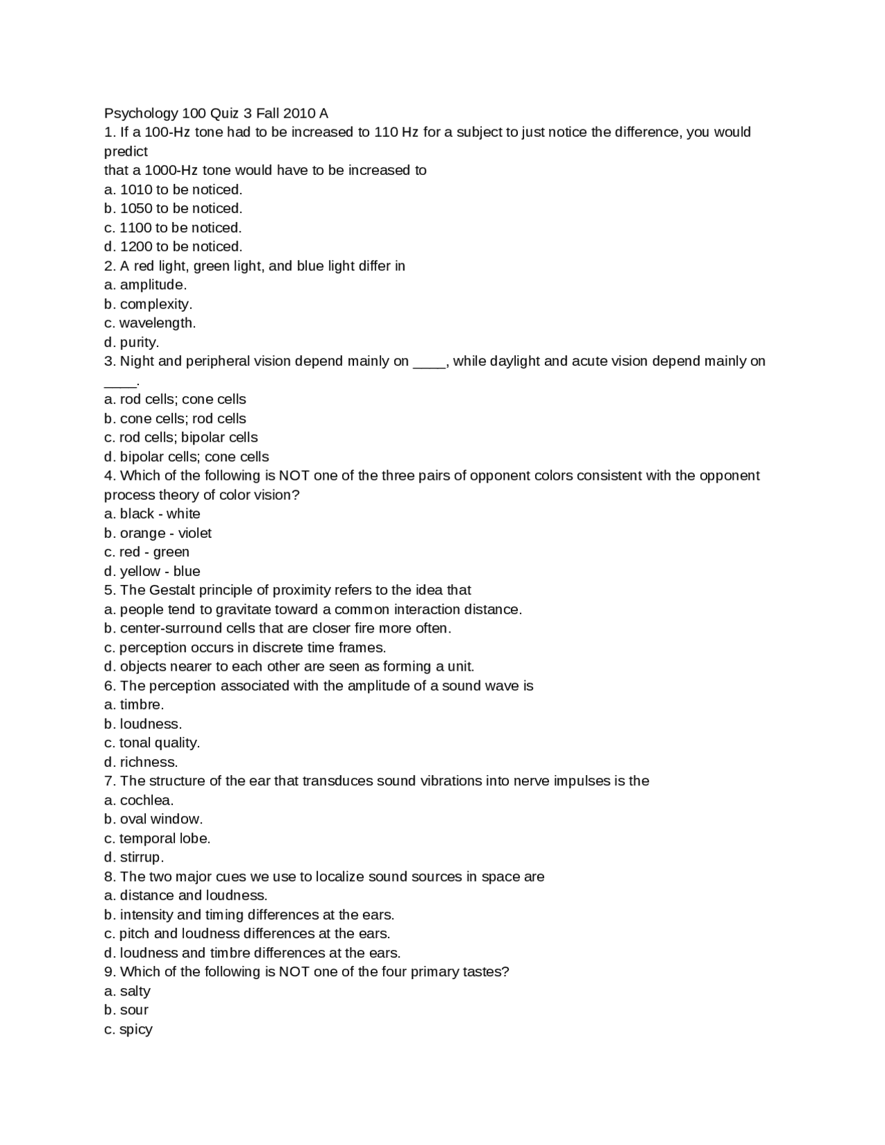 Quiz 3 With Answers Introduction To Psychology Psy 100 Docsity