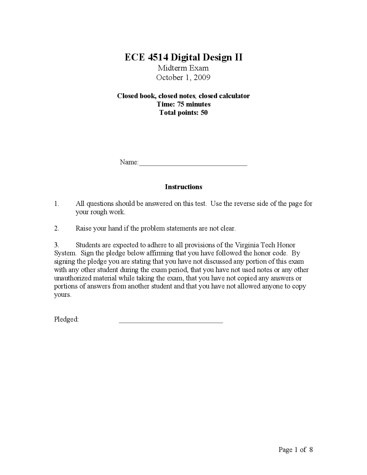 Midterm Exam With Solution Digital Design Ii Ece 4514 Docsity