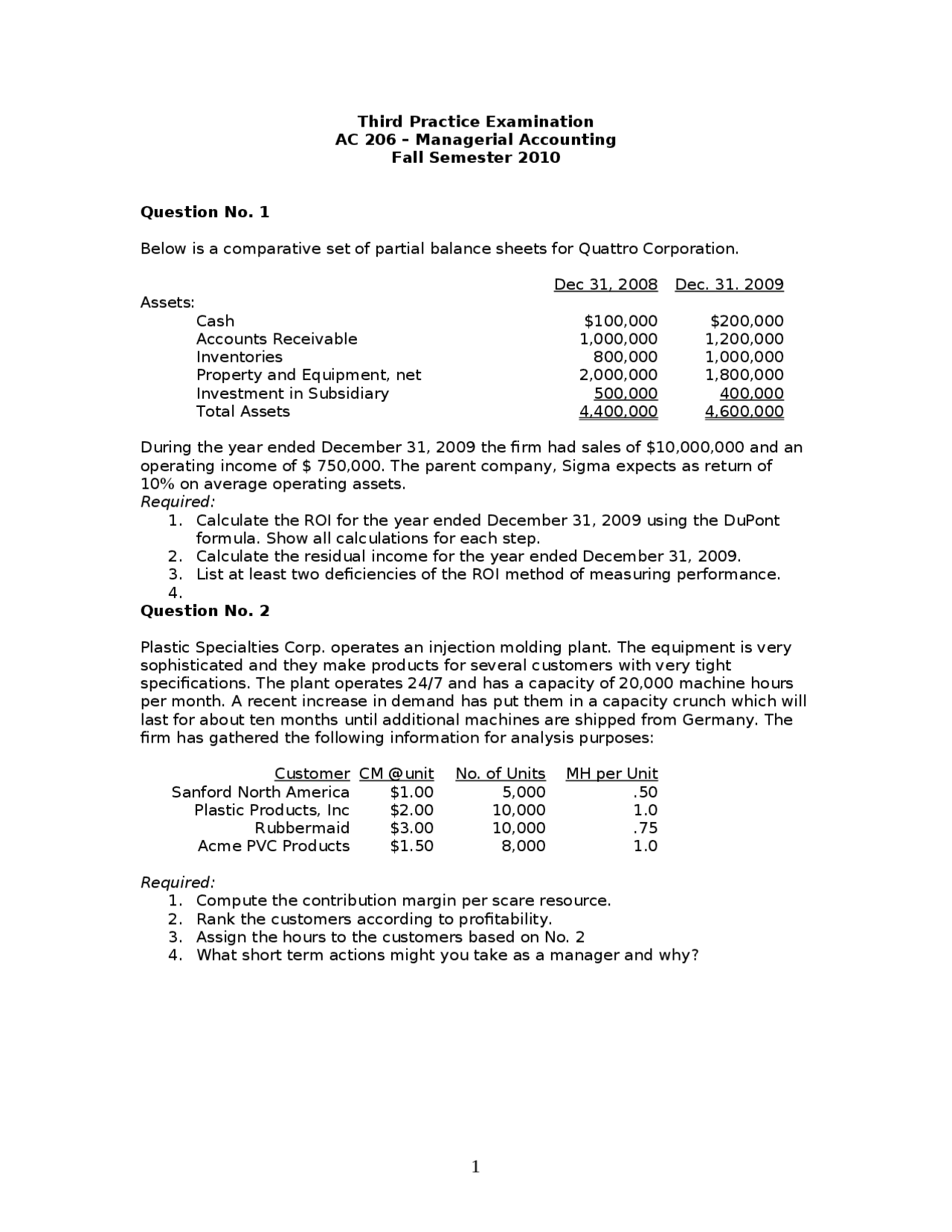 Introduction To Managerial Accounting Practice Exam 3 Acct 206