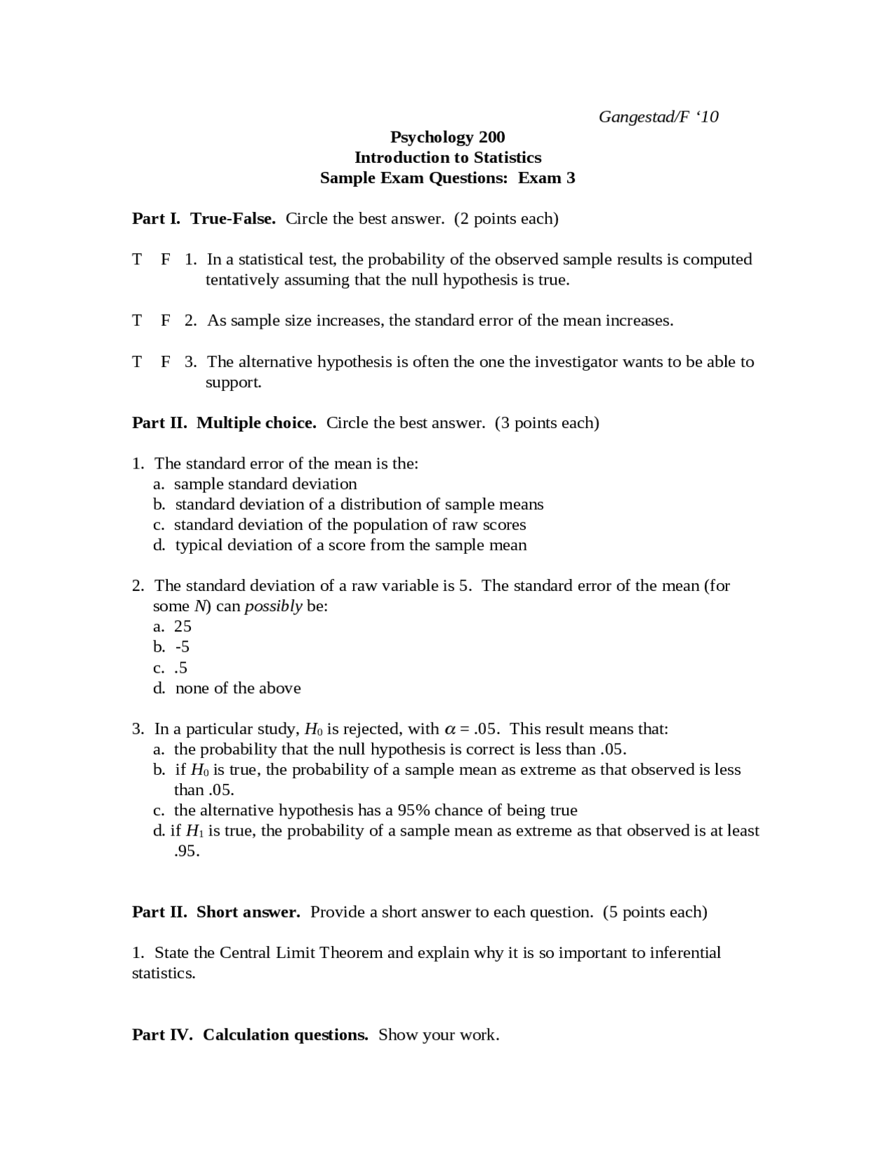Sample Exam 3 Statistical Principles Psy 200 Docsity