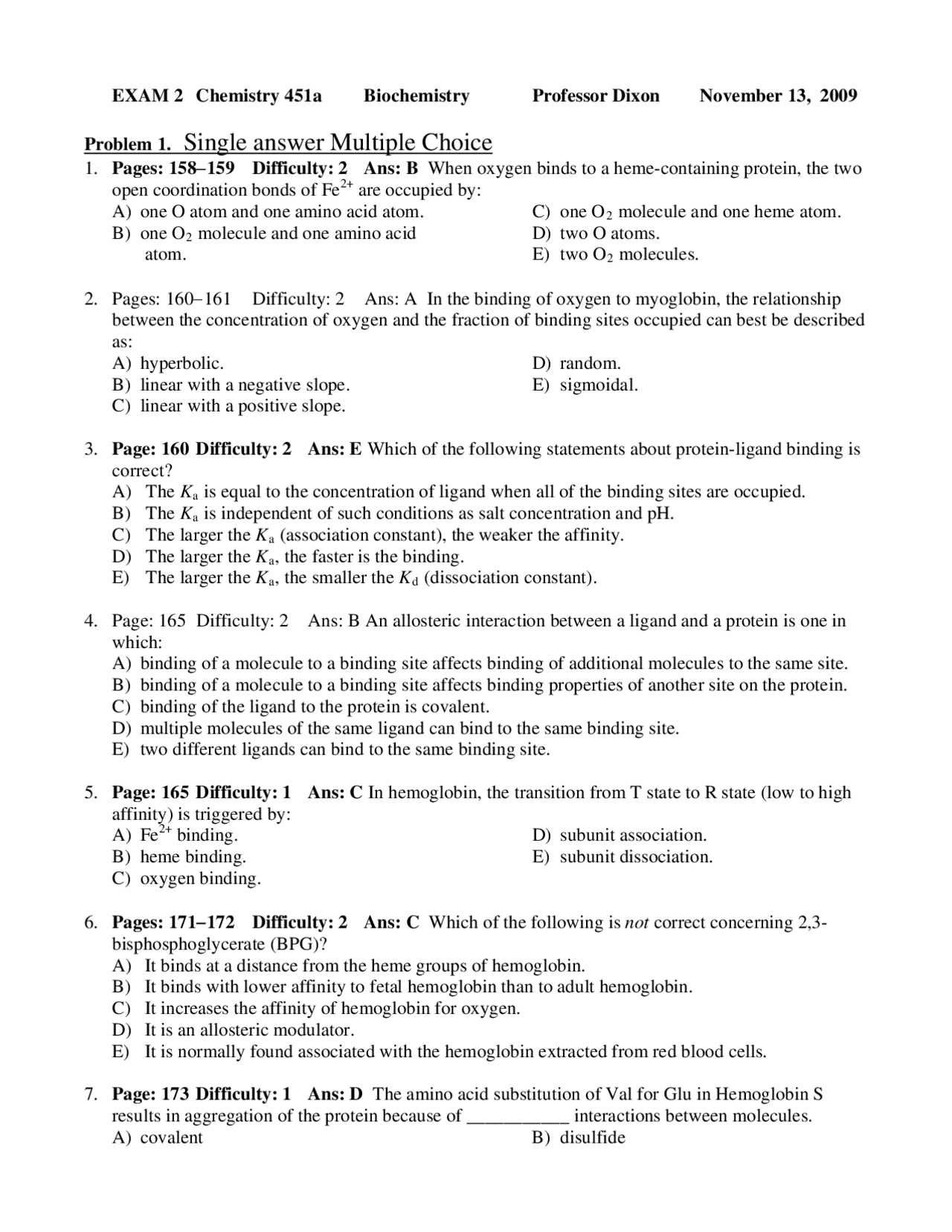 Biochemistry - Exam 2 with Answer Key | CHEM 451A - Docsity