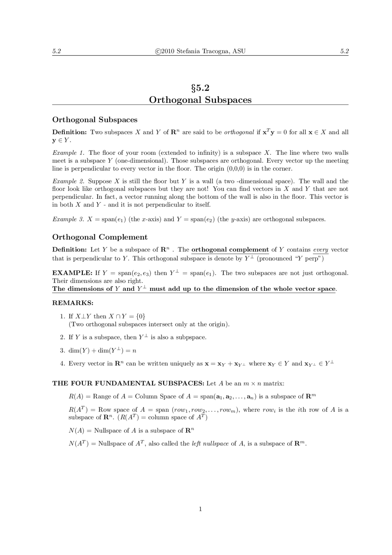 Orthogonal Subspaces Lecture Notes Mat 343 Docsity