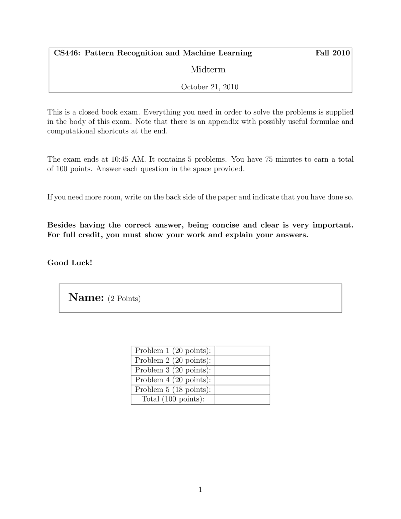 Midterm Exam Questions Machine Learning Cs 446 Exams Computer