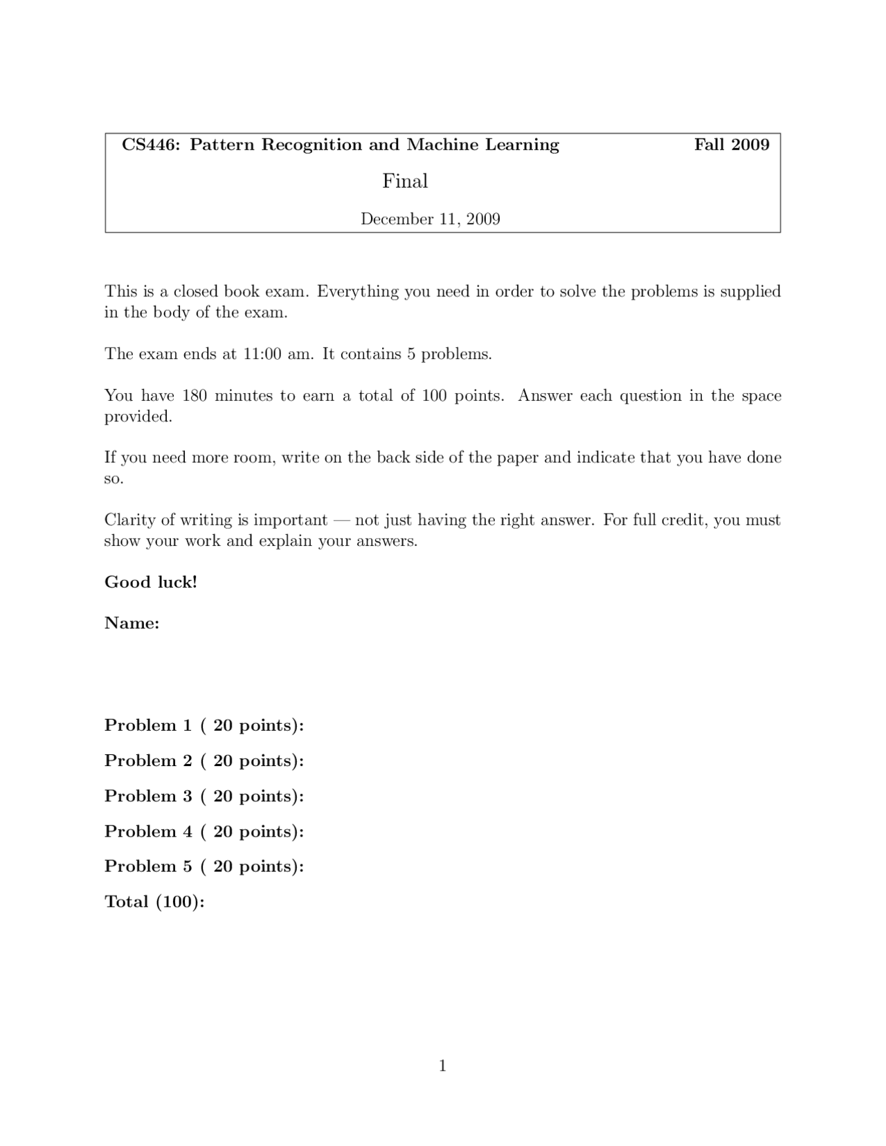 Solutions For Final Exam Machine Learning Fall 2009 Cs 446 Docsity