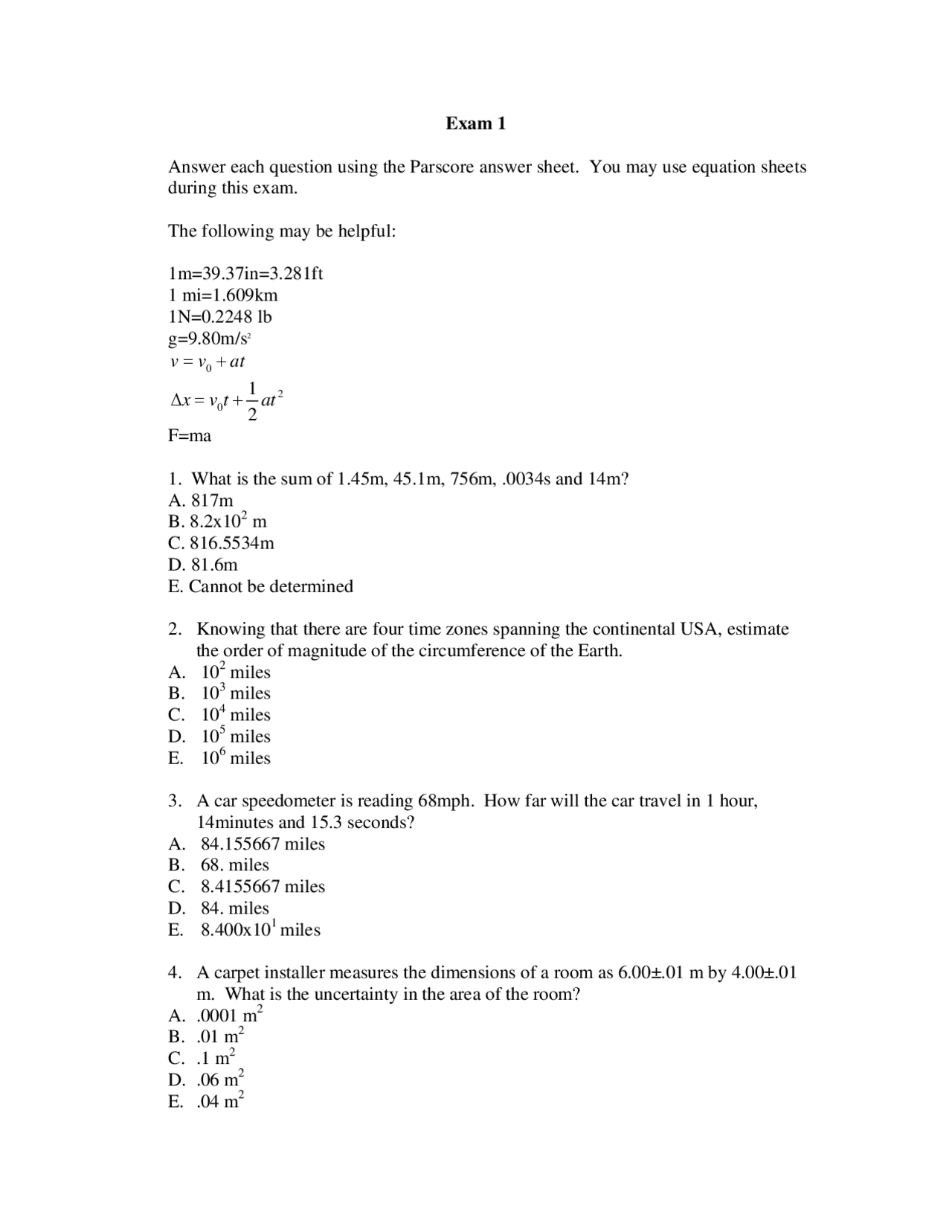 Algebra Based Physics I Unsolved Questions Exam 1 Phy 1603 Docsity