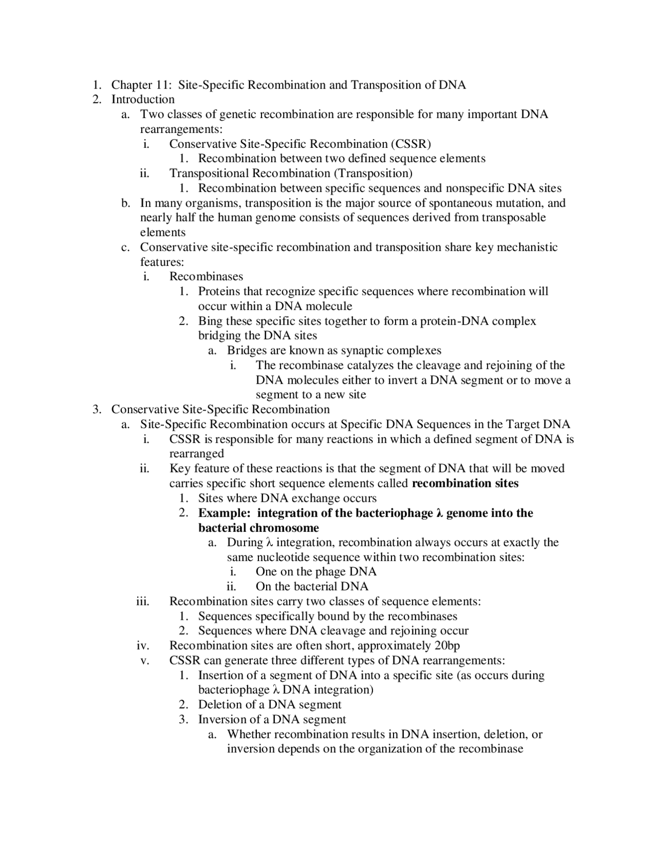Site Specific Recombination And Dna Transposition Notes Pcb 4524
