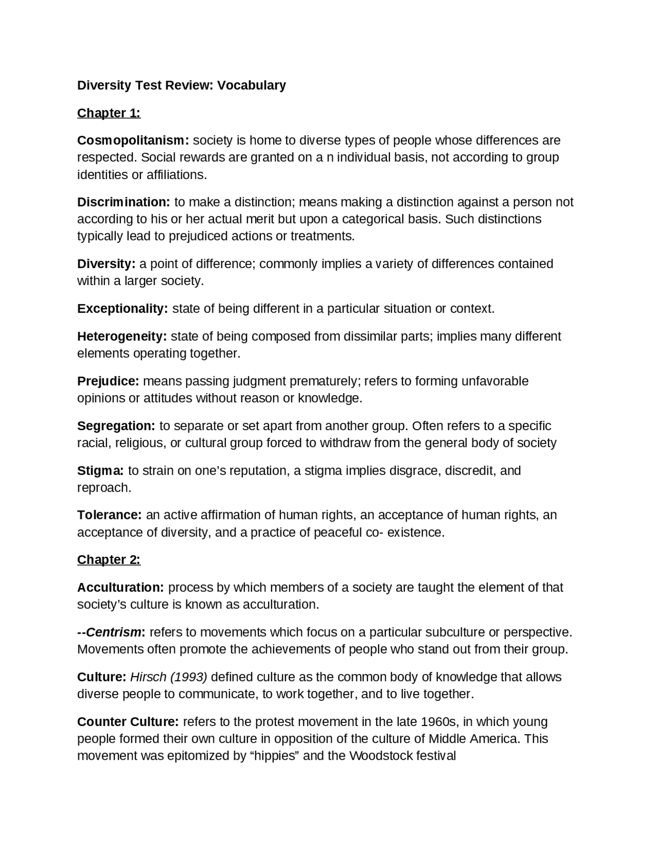 Diversity Test Review - Issues in Diversity | LEIS 2443 - Docsity