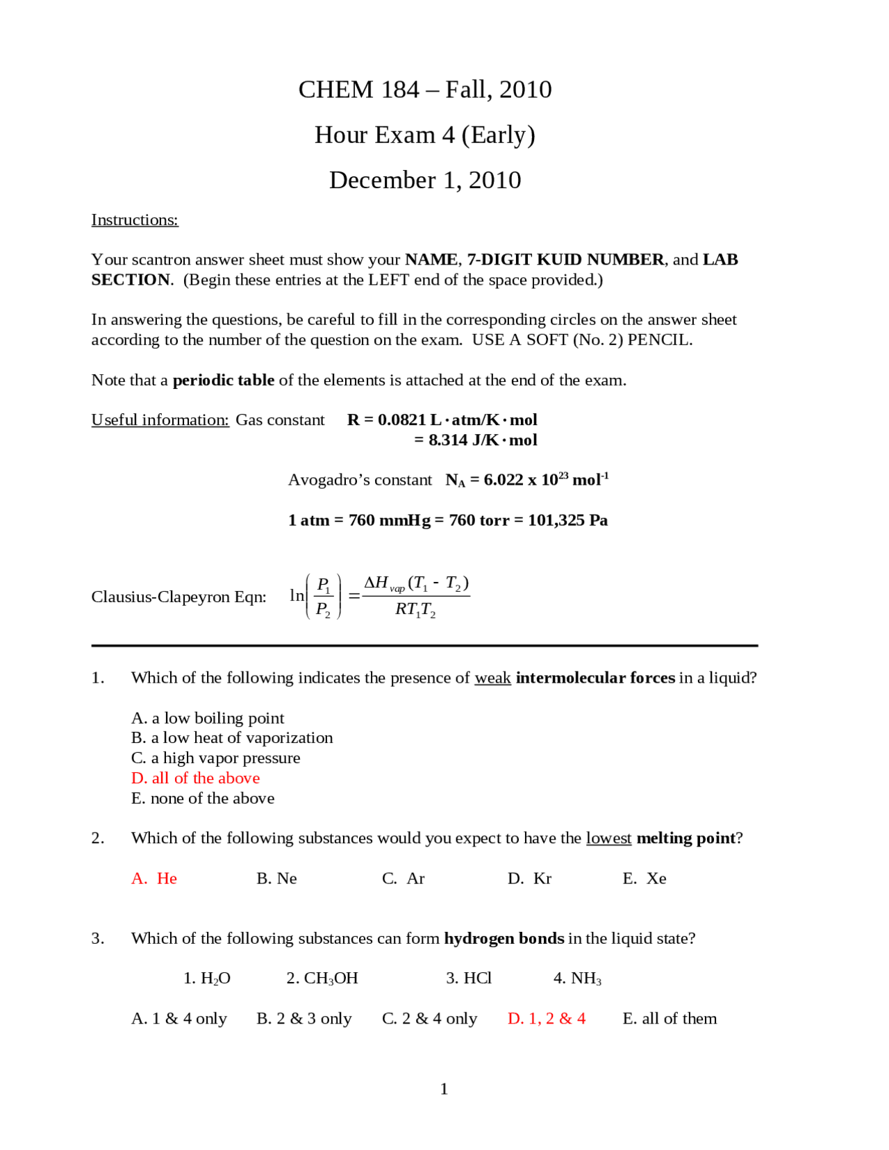 Solved Questions For Quiz 4 Foundations Of Chemistry I Chem 184