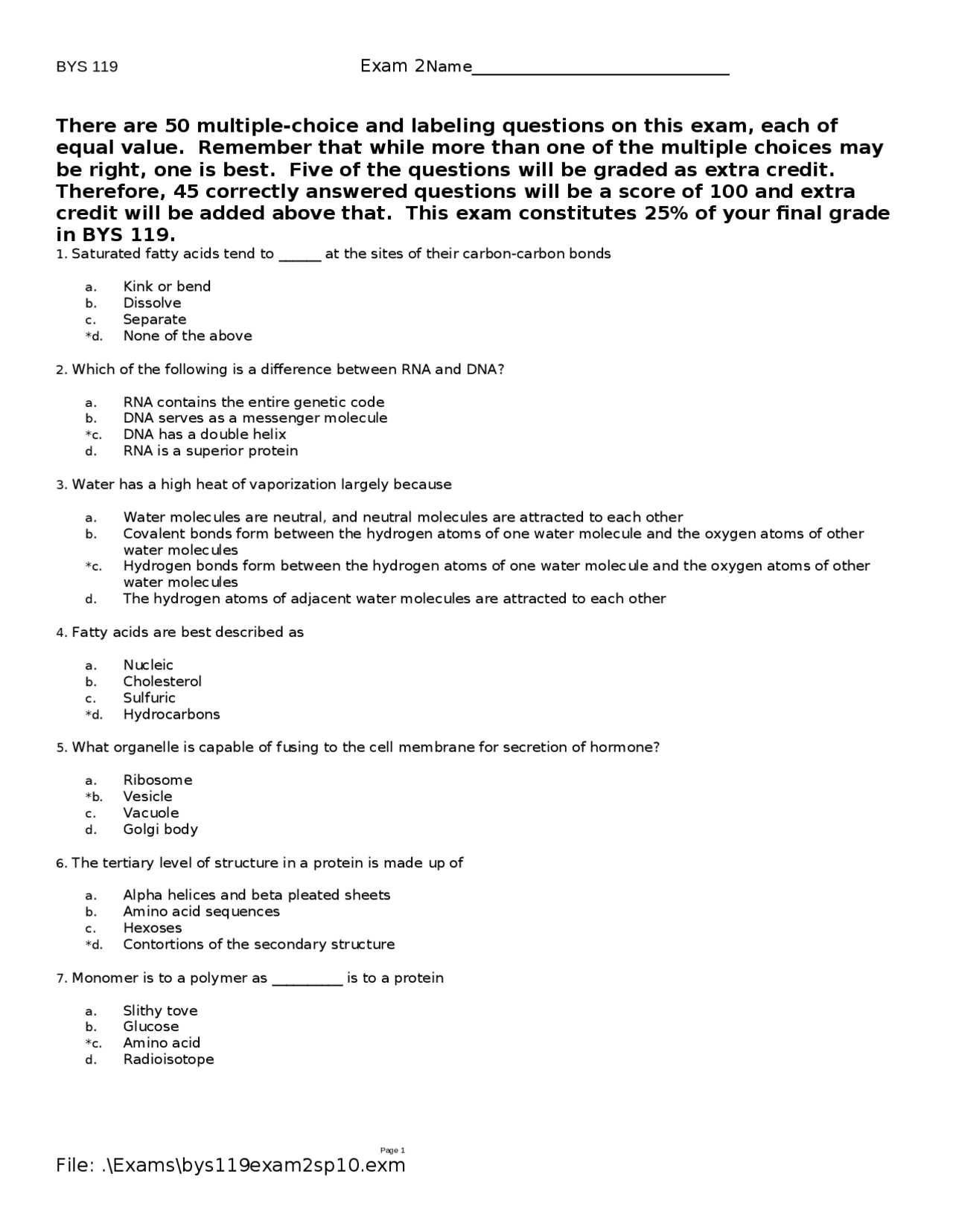 50 MCQs for Principle of Biology - Exam 2 | BYS 119 - Docsity