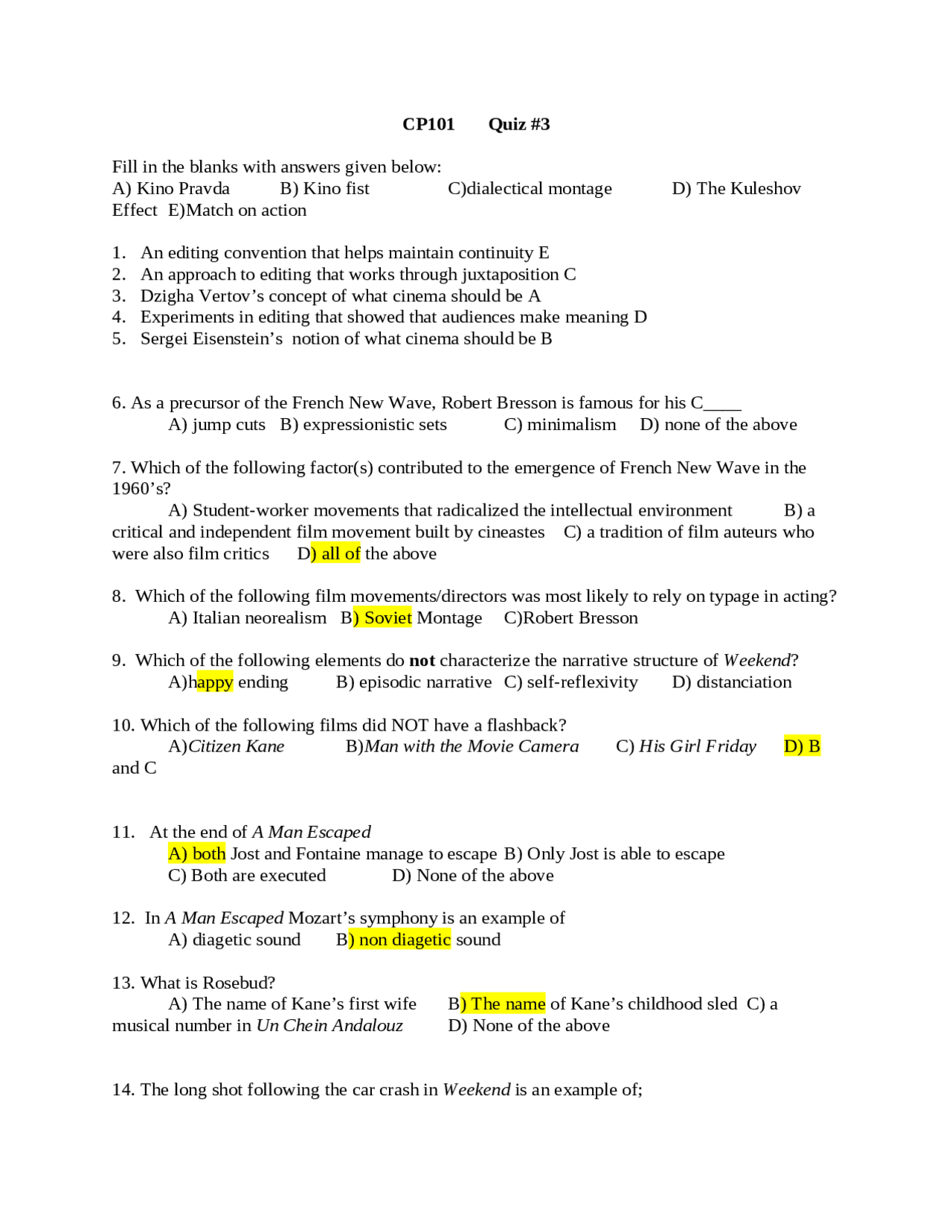 Practice Quiz #3 with Answer Key - Film History and Analysis | CP 101 ...