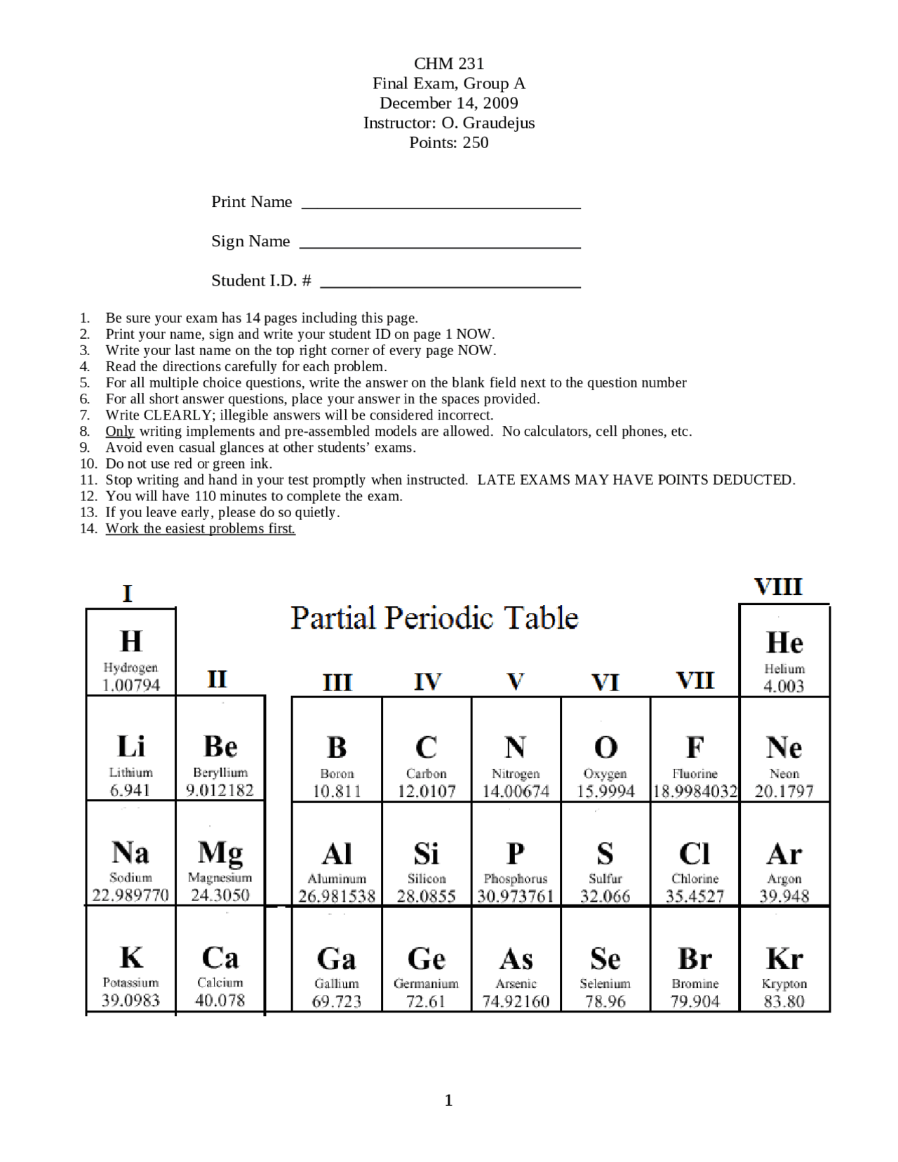 Final Exam Group A Elementary Organic Chemistry Fall 2009 Chm 231