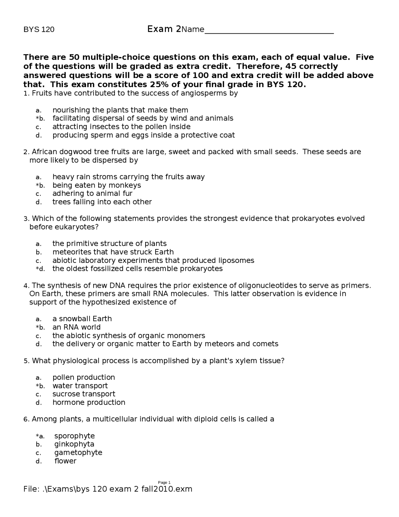 Organismal Biology - Exam 2 with Solutions | BYS 120 | Exams Biology ...
