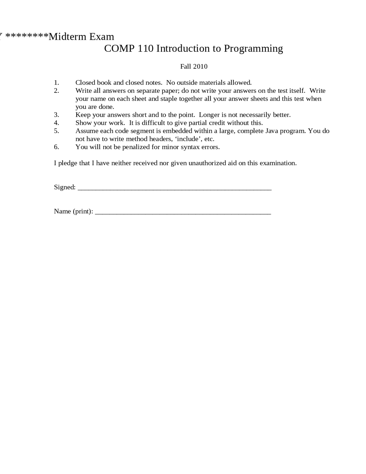 Midterm Exam with Answer Key - Introduction to Programming | COMP 110 | Exams Computer Science ...