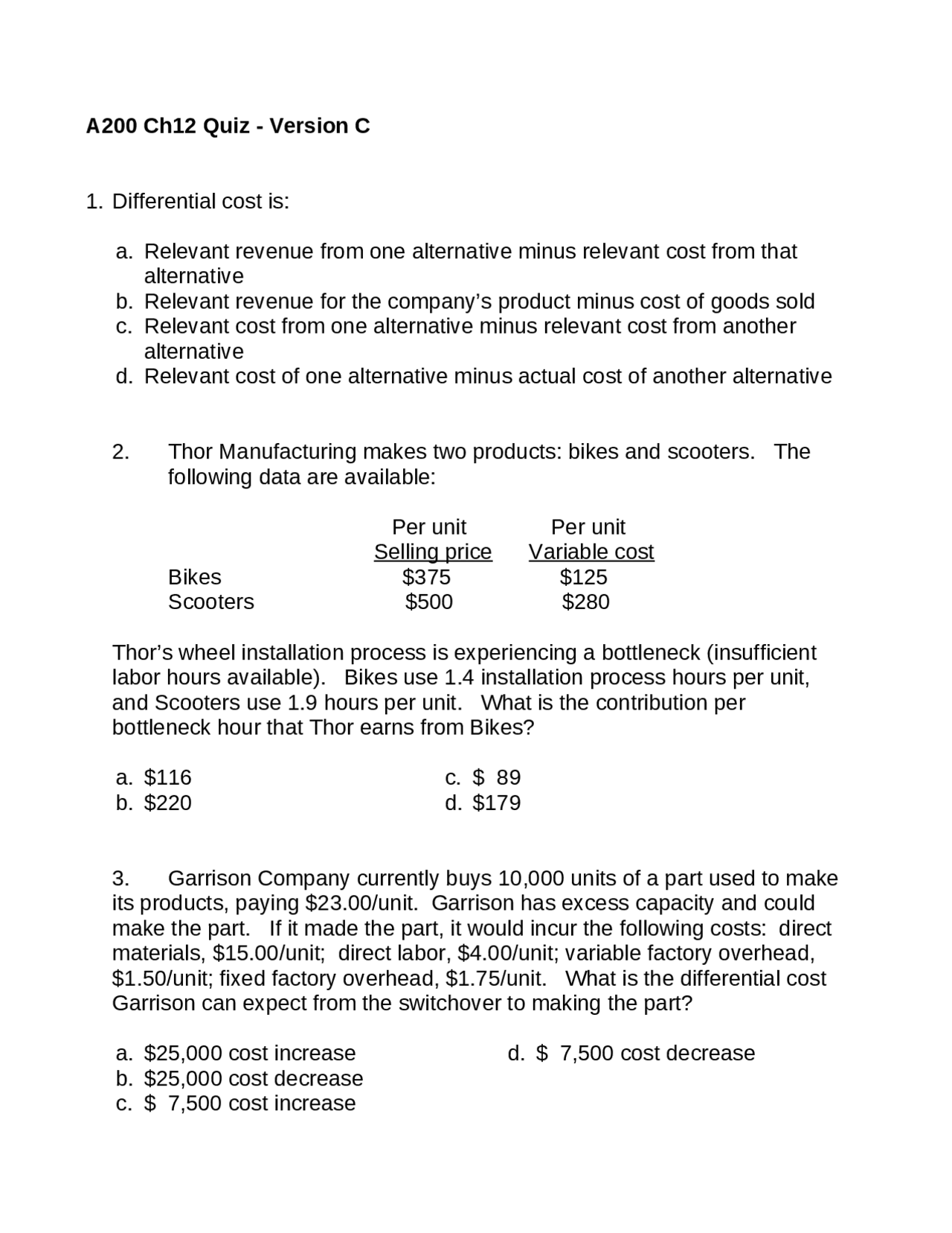 Quiz Version C With Answer Key Foundations Of Accounting Acct 200