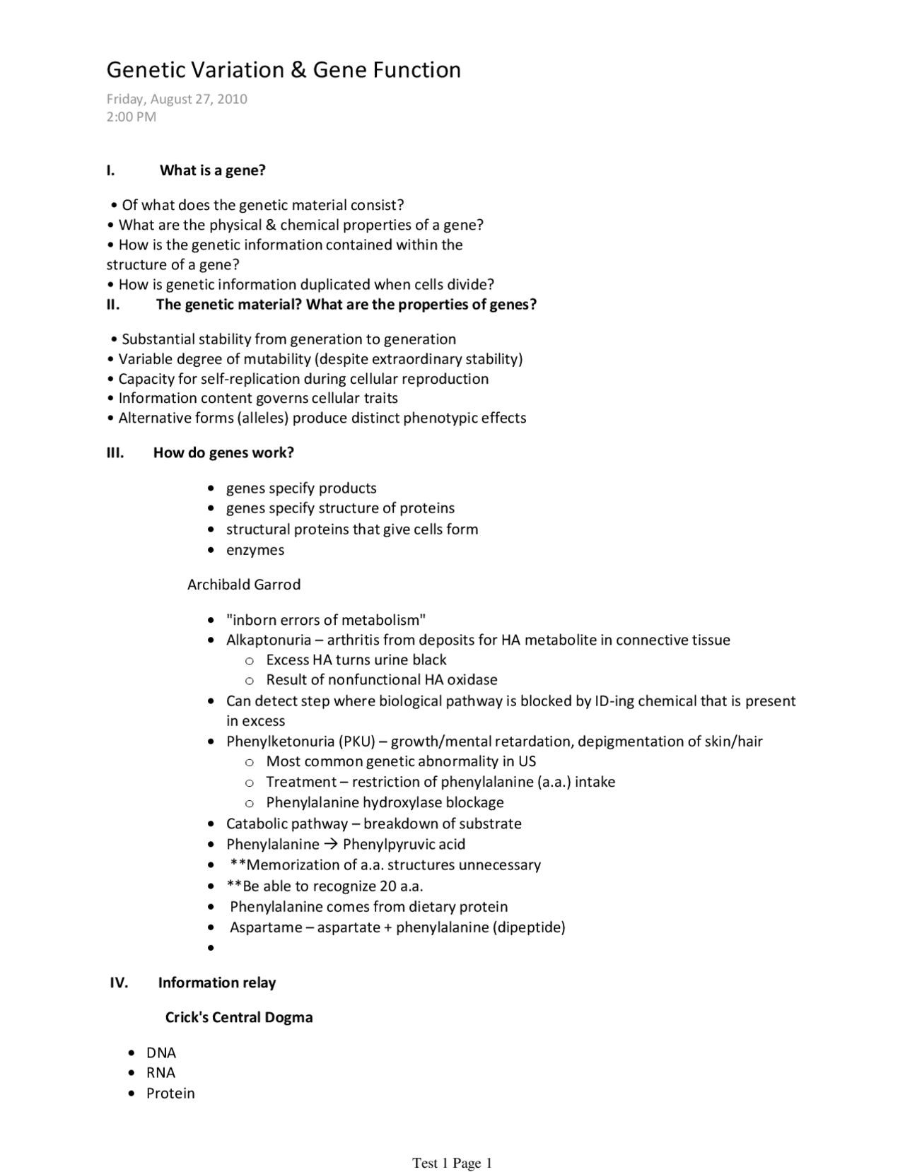 Genetics and Molecular Biology - Test 1 Notes | BIOL 3010 - Docsity