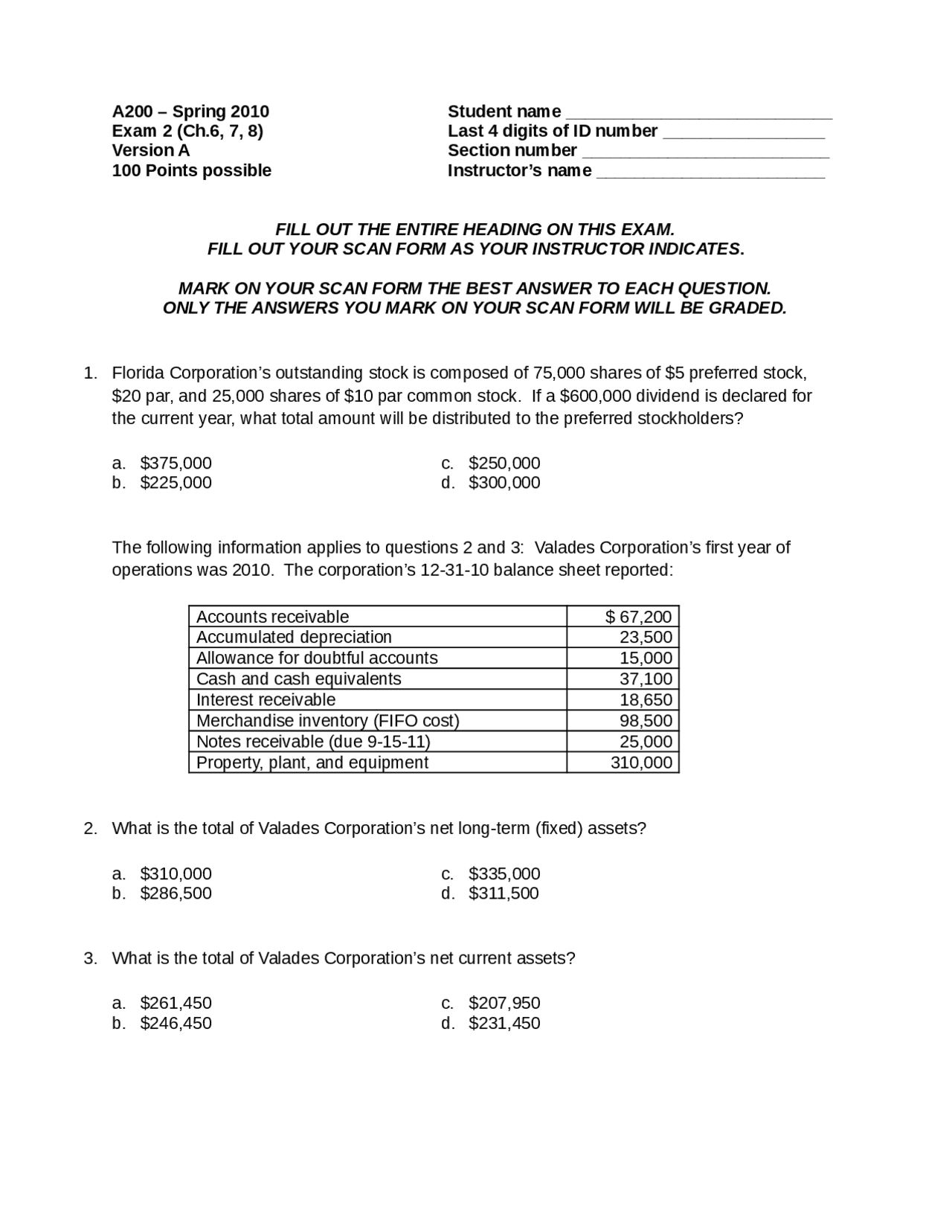 Practice Questions For Exam 2 Foundations Of Accounting Acct 200