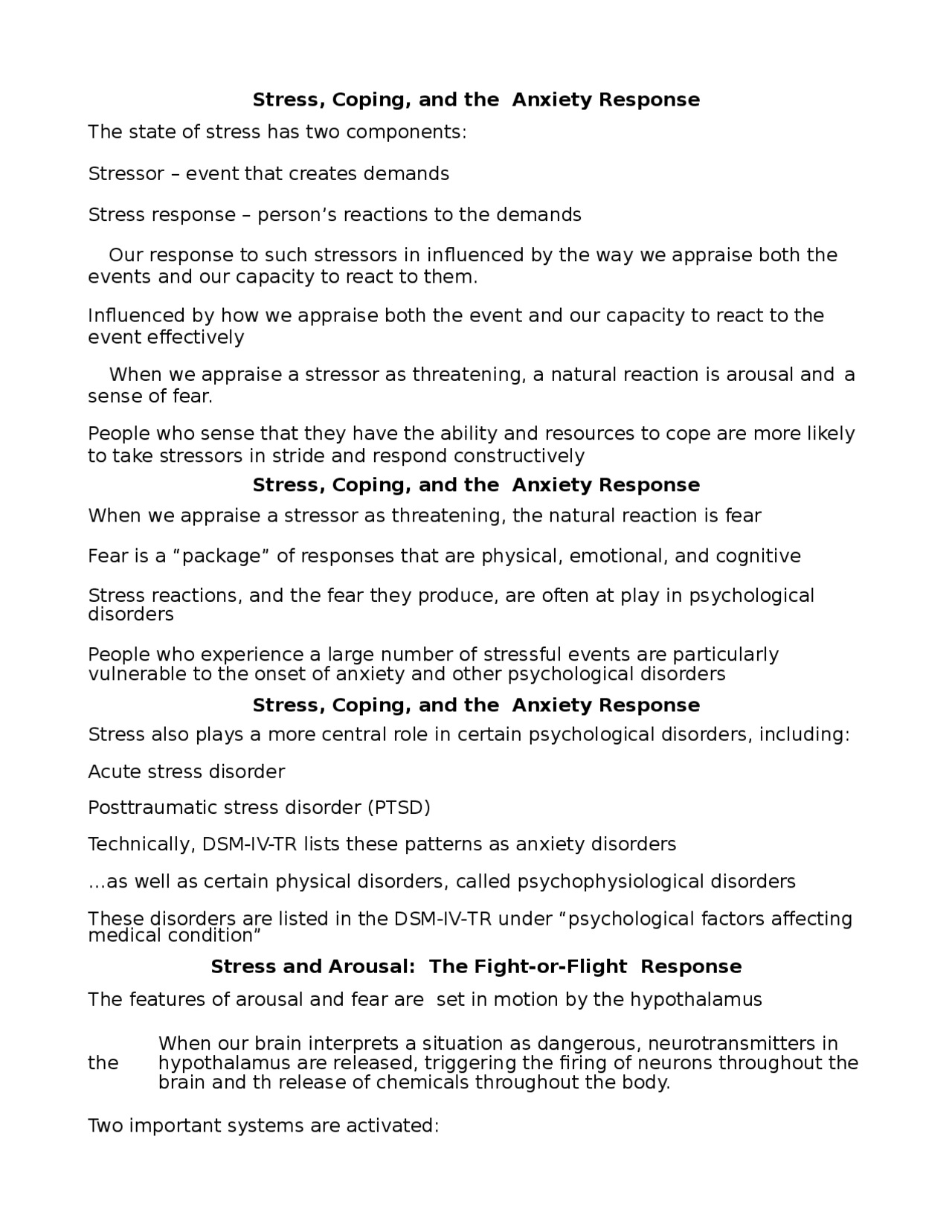 Notes on Stress, Coping and the Anxiety Response | PSYCH 460 - Docsity