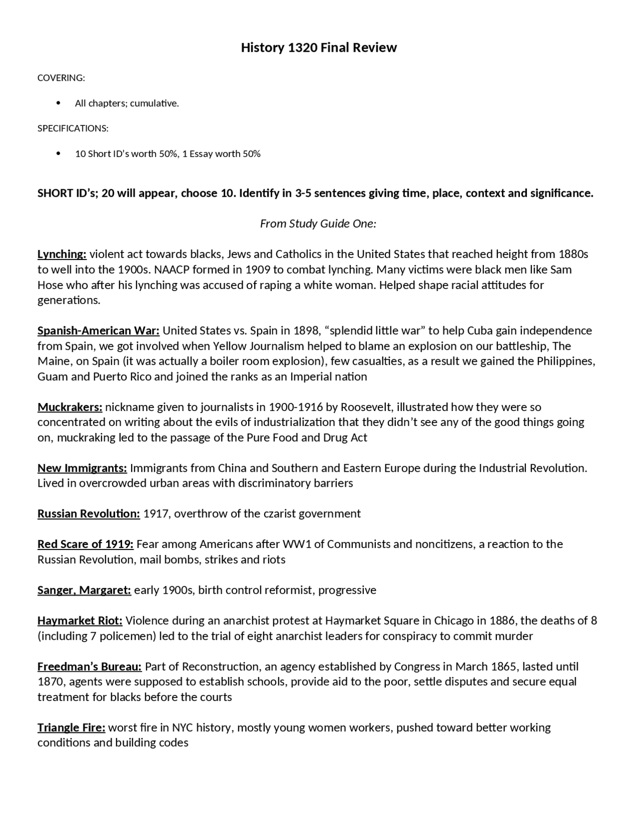 Final Exam Review History Of The United States Hist 1320 Docsity