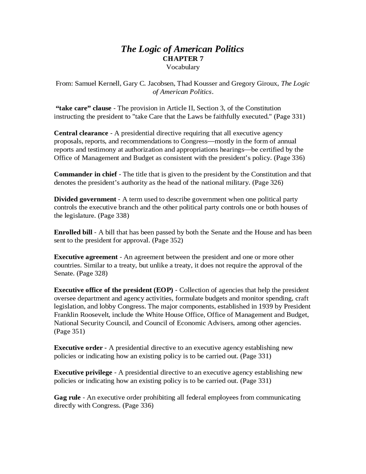 The Logic of American Politics - Handout | PSCI 1014 | Study notes ...