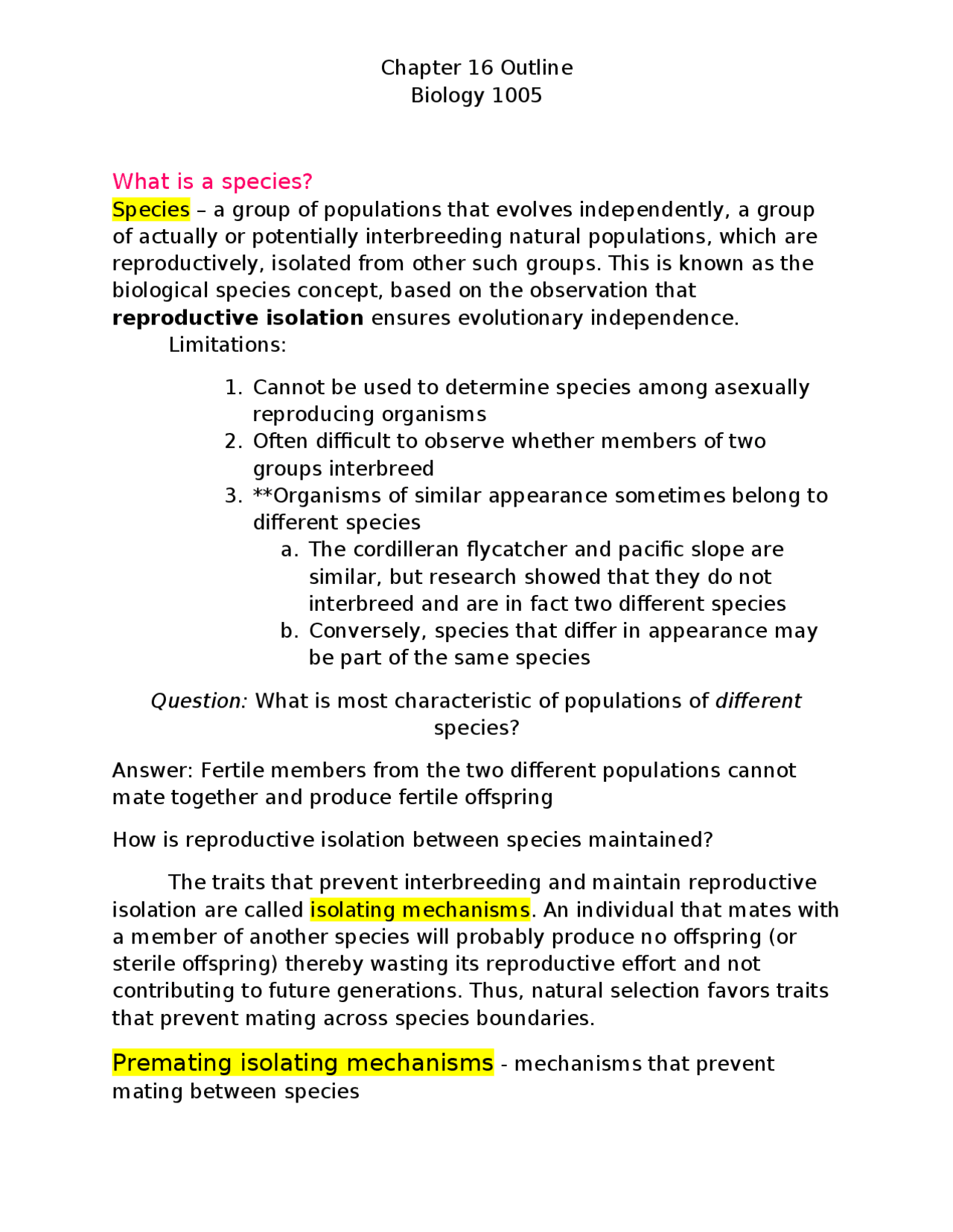 Species and How New Species Form in General Biology | BIOL 1005 - Docsity