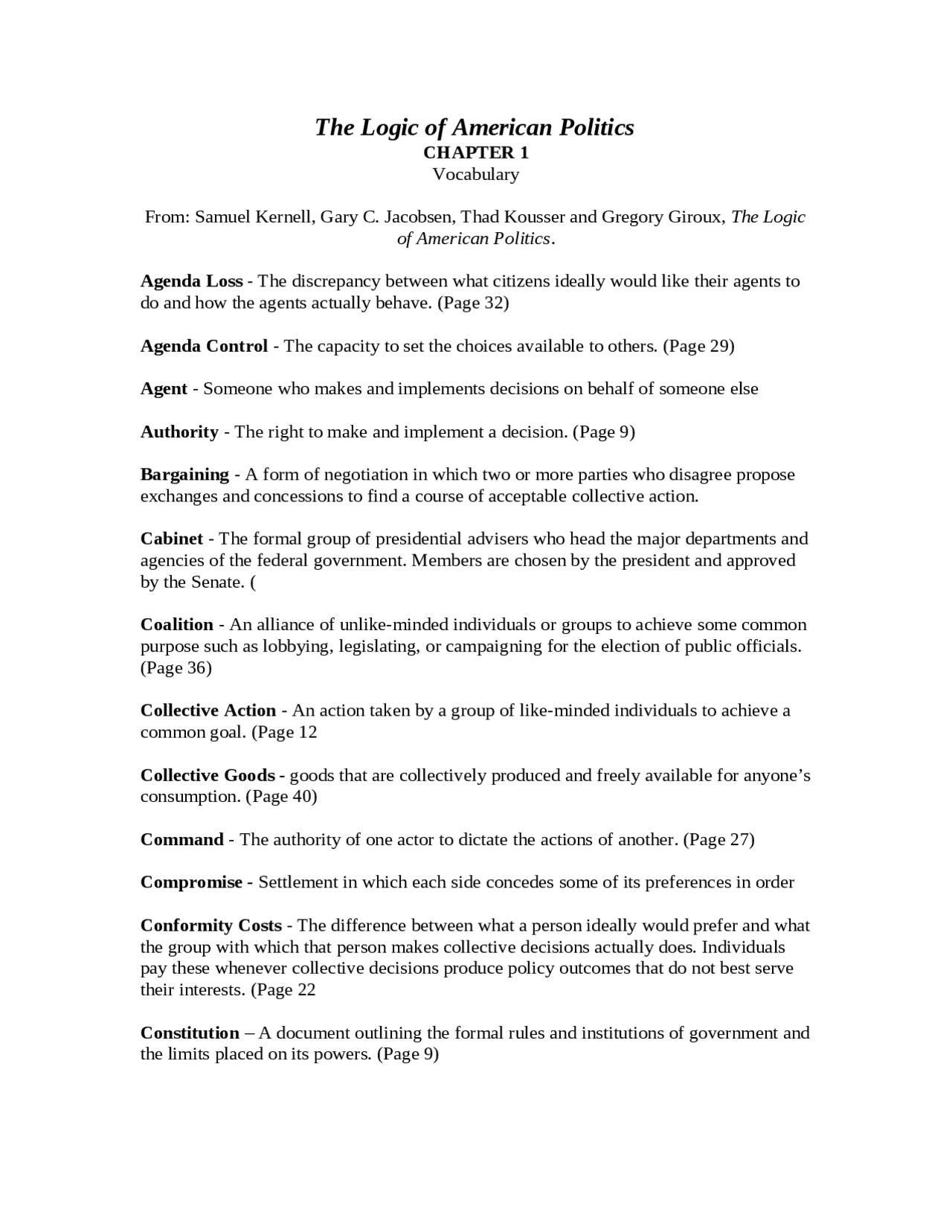 Logic Of American Politics Vocabulary Psci 1014 Docsity