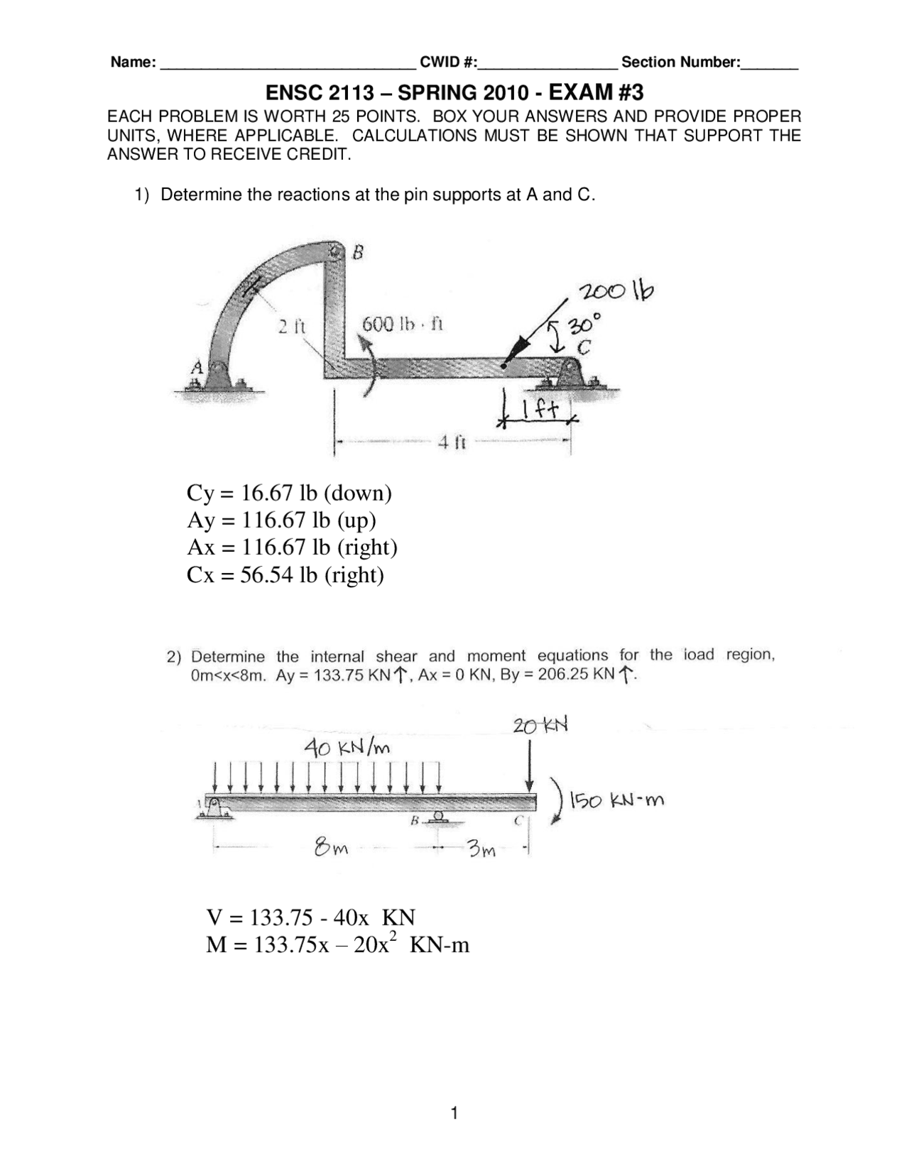 Exam 3 Questions Spring 2010 Statics Ensc 2113 Docsity