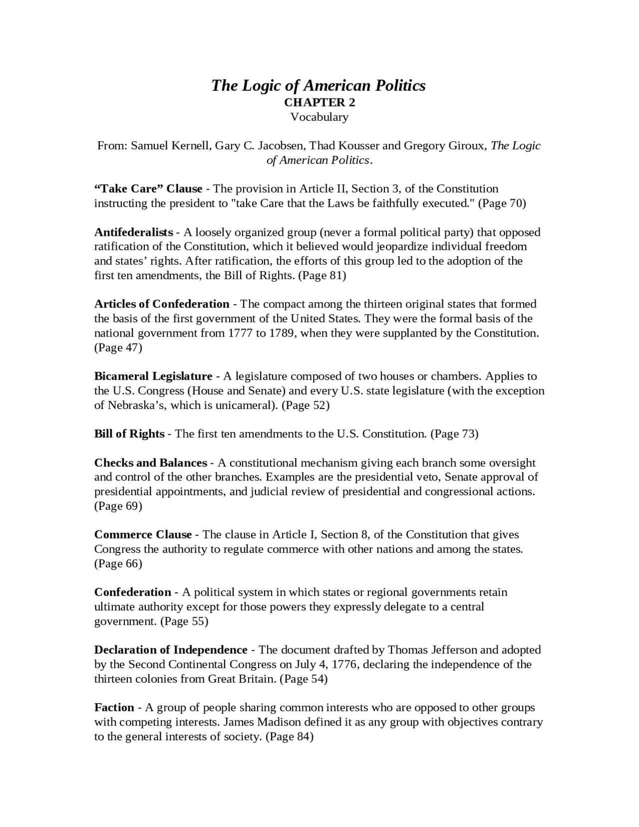 The Logic Of American Politics Vocabulary Notes Psci 1014 Docsity