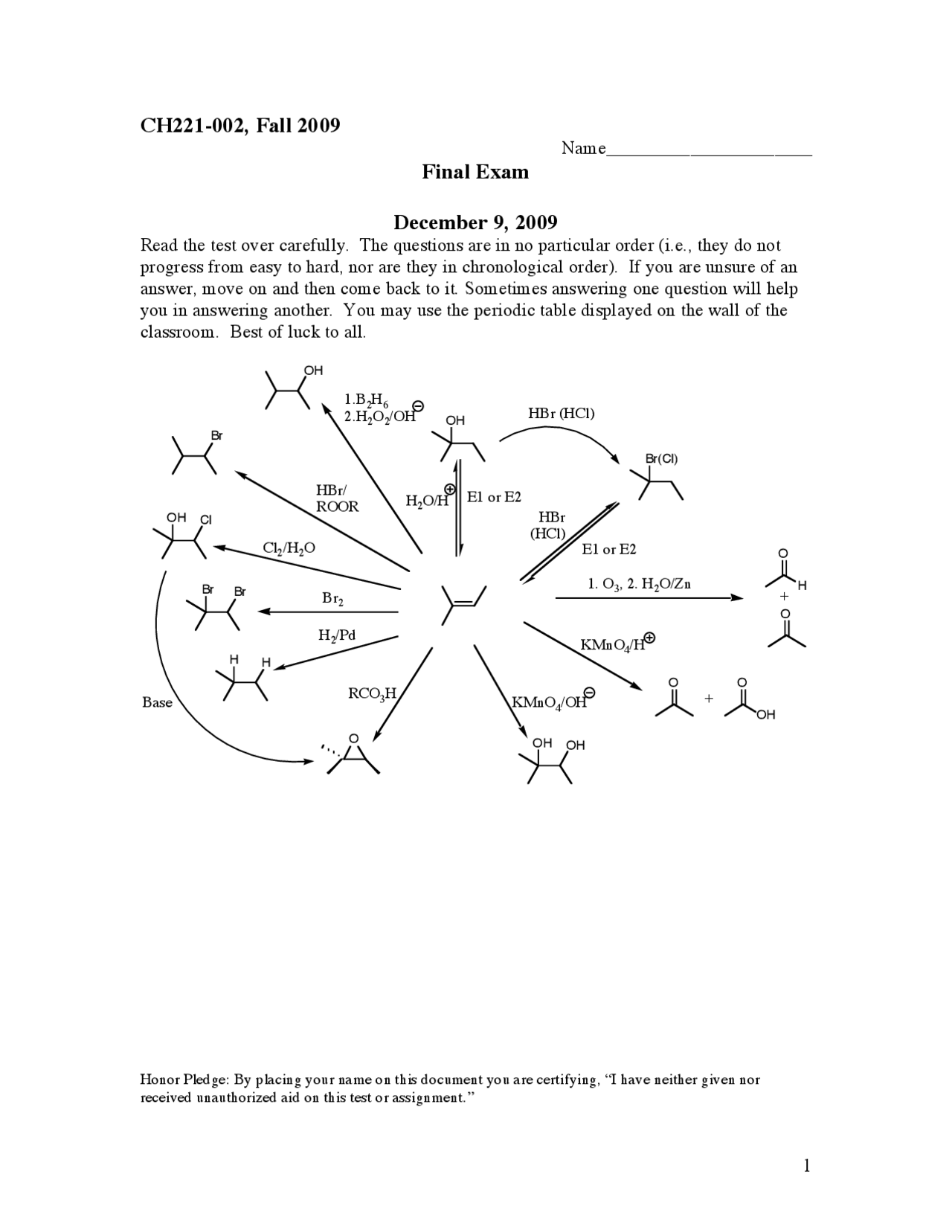 Organic Chemistry I - Final Exam - Fall 2009 | CH 221 - Docsity