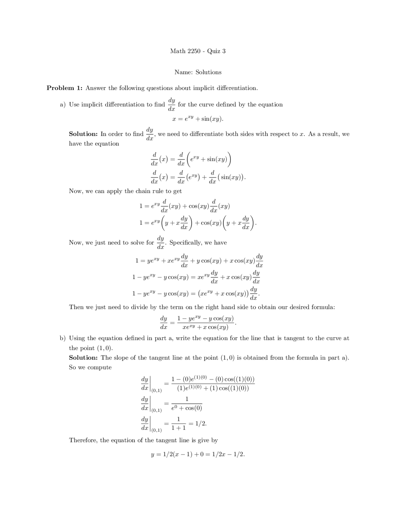 Quiz 3 Solutions - Calculus I for Science and Engineering | MATH 2250 - Docsity