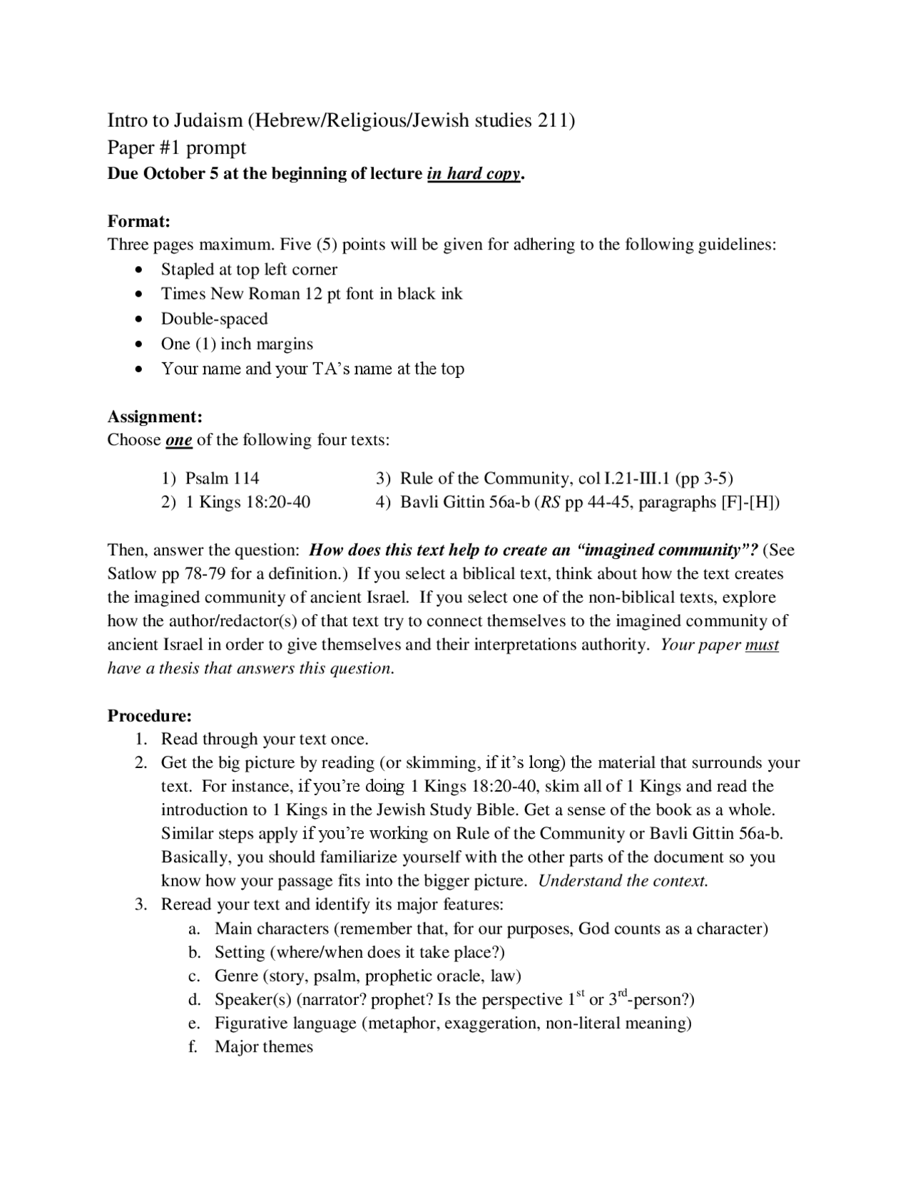 Paper 1 Prompt - Introduction to Judaism | JEWISH 211 - Docsity