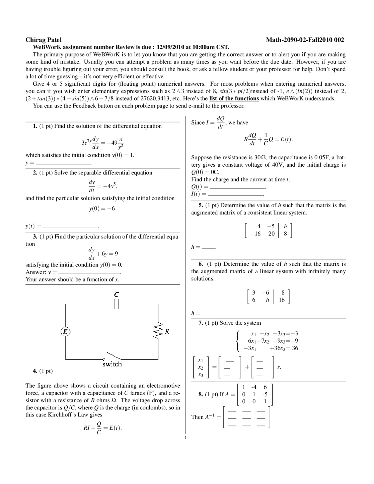 Assignment Review - Elementary Differential Equations and Linear ...