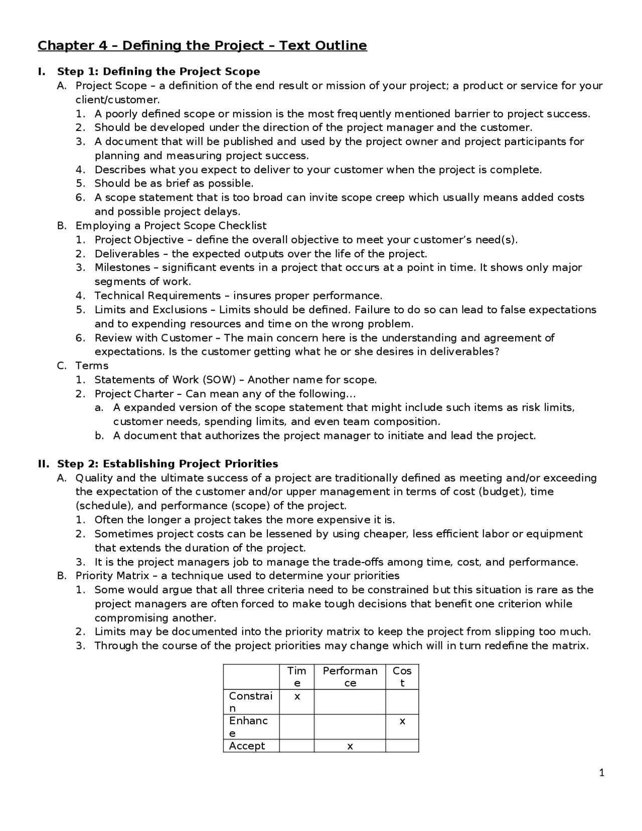 Project Scope, Project Priorities - Reading Outline | Project ...