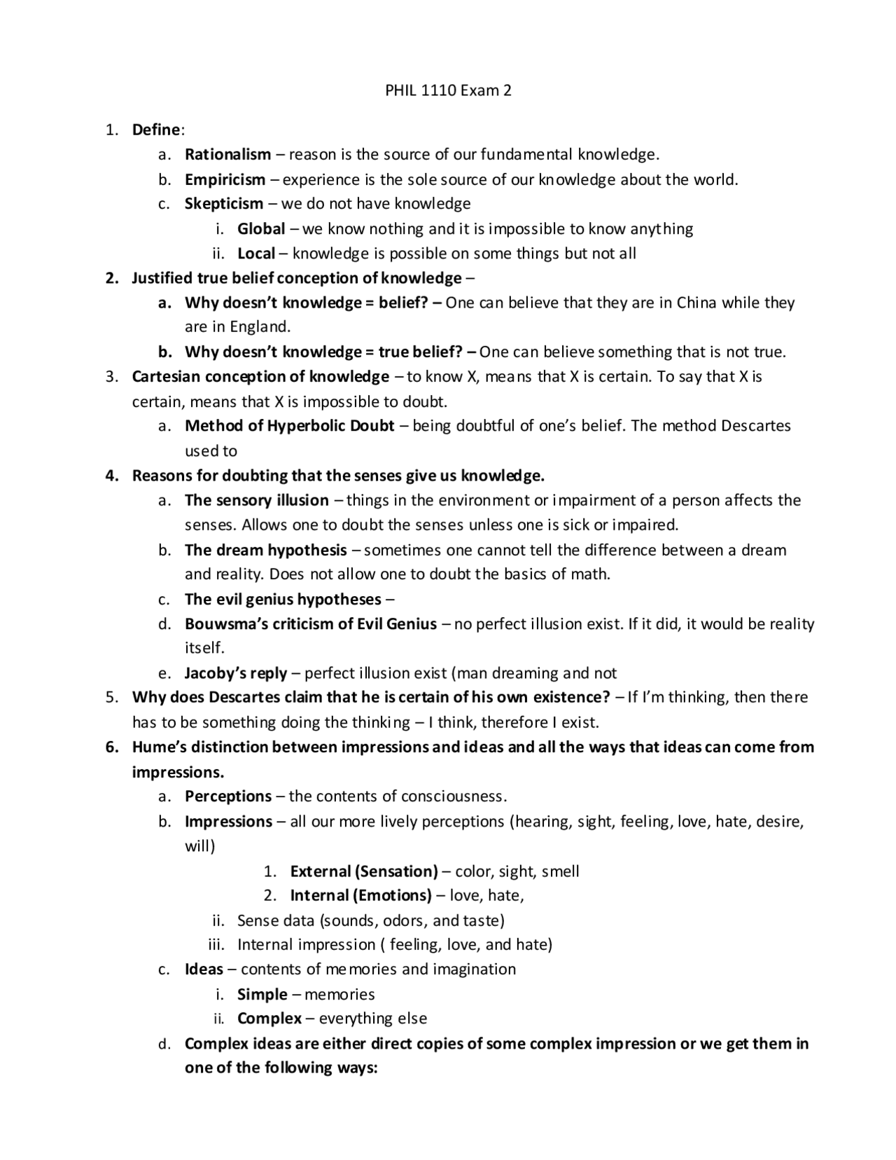 Introduction To Philosophy Review Sheet For Exam 2 Phil 1110 Docsity