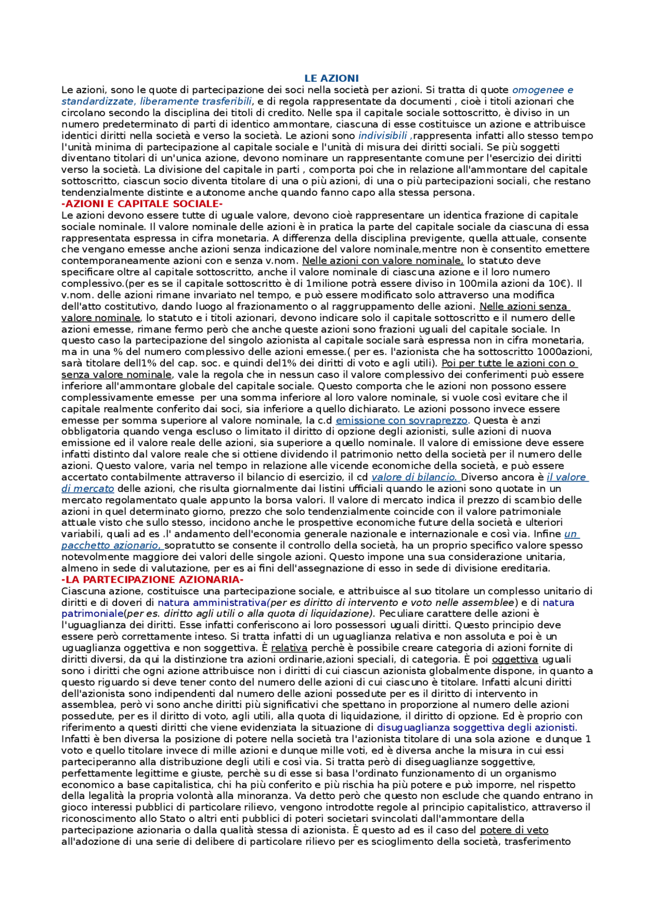 Le Azioni Sintesi Del Corso Di Diritto Commerciale Docsity