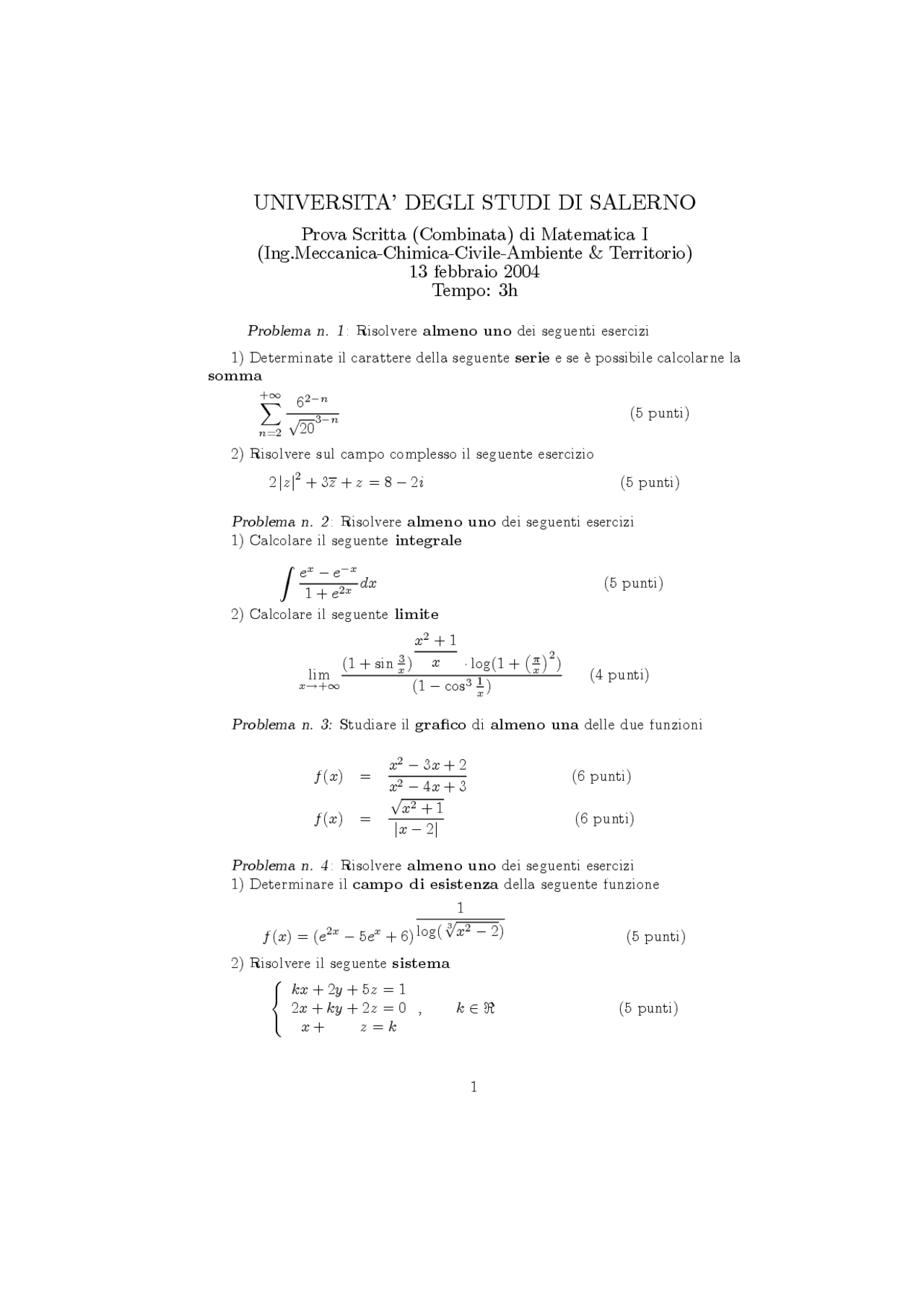 Prova Scritta Combinata Di Matematica I 13022004 Docsity
