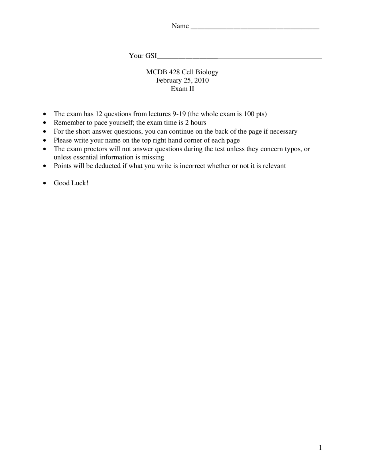 Exam Ii With Answer Key Cell Biology Mcdb 428 Docsity